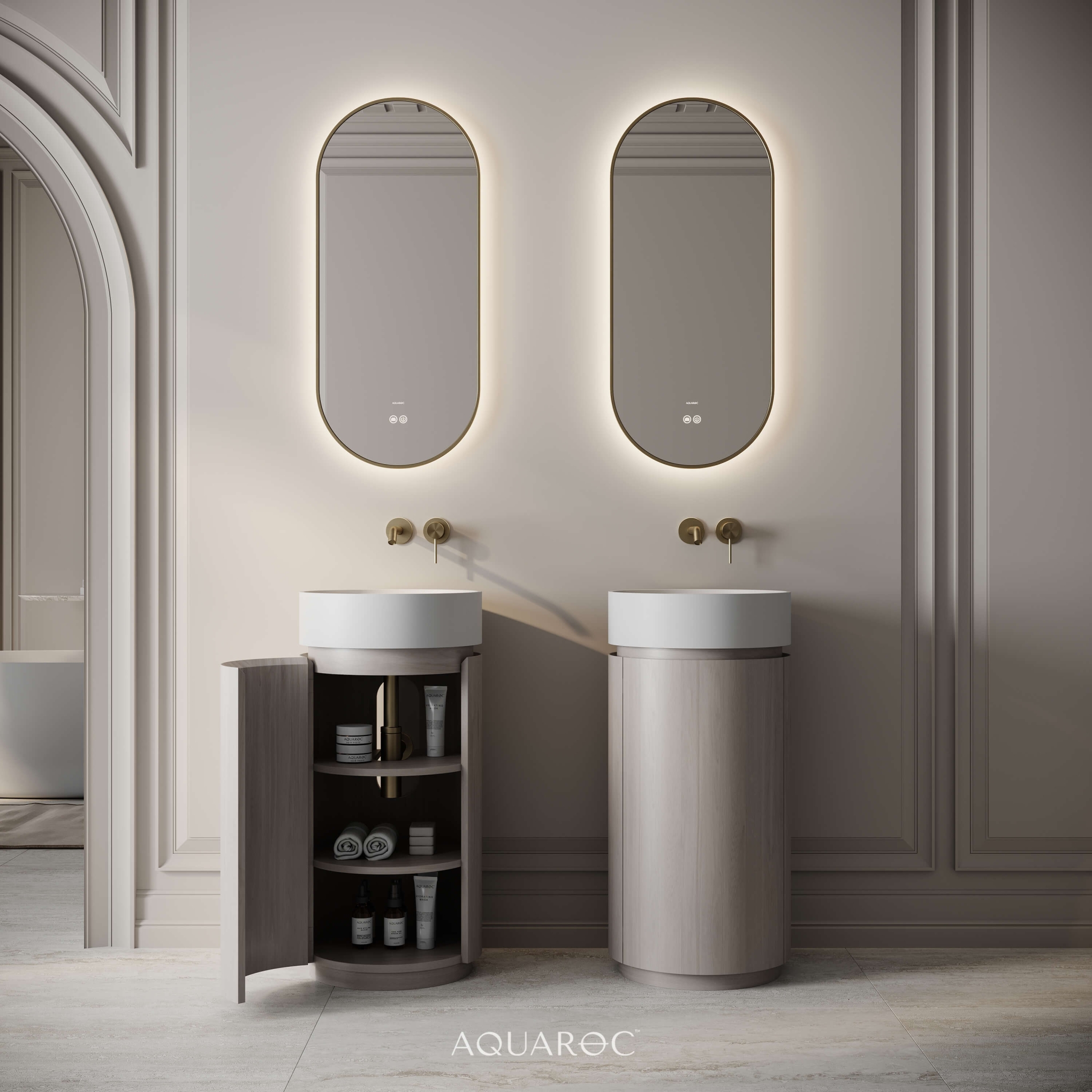 Rotunda Beige Oak Vanity Unit & Stone Basin 420mm | Aquaroc Bathrooms