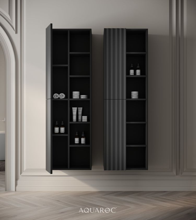 Wall Hung Fluted Bathroom Storage Unit 500mm Matte Black From Aquaroc