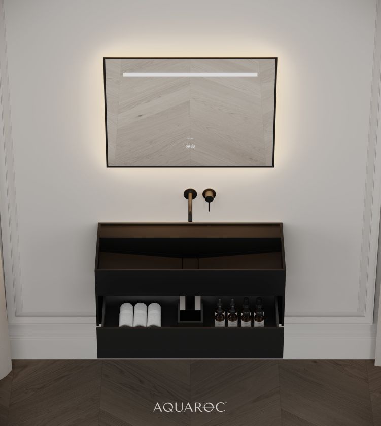 Nero Matte Black Stone Vanity Unit 900mm | Aquaroc