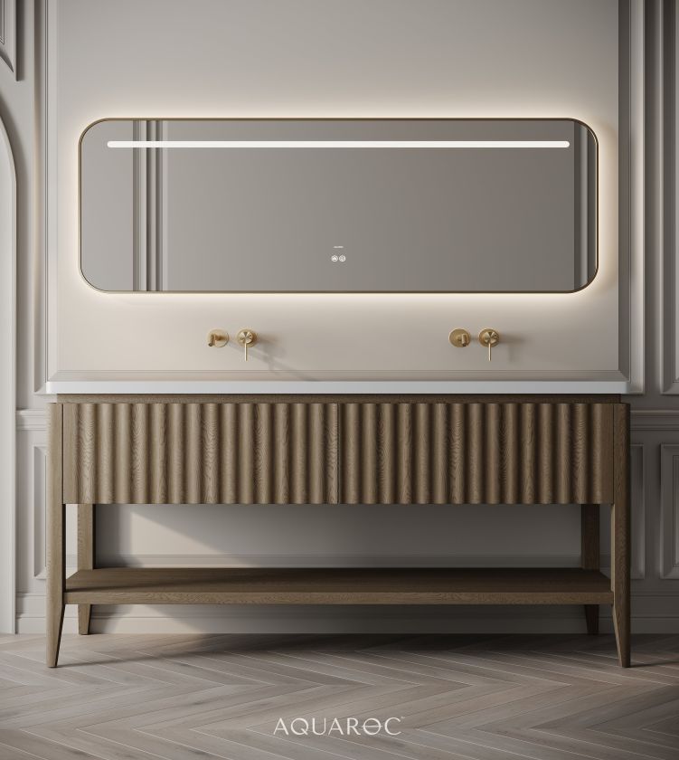 Kensington Double Vanity Unit & Stone Basin 1600mm Smoked Oak | Aquaroc
