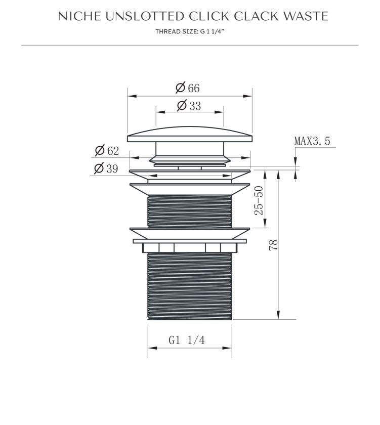 Niche Brushed Stainless Steel Unslotted Click Clack Basin Waste | Aquaroc