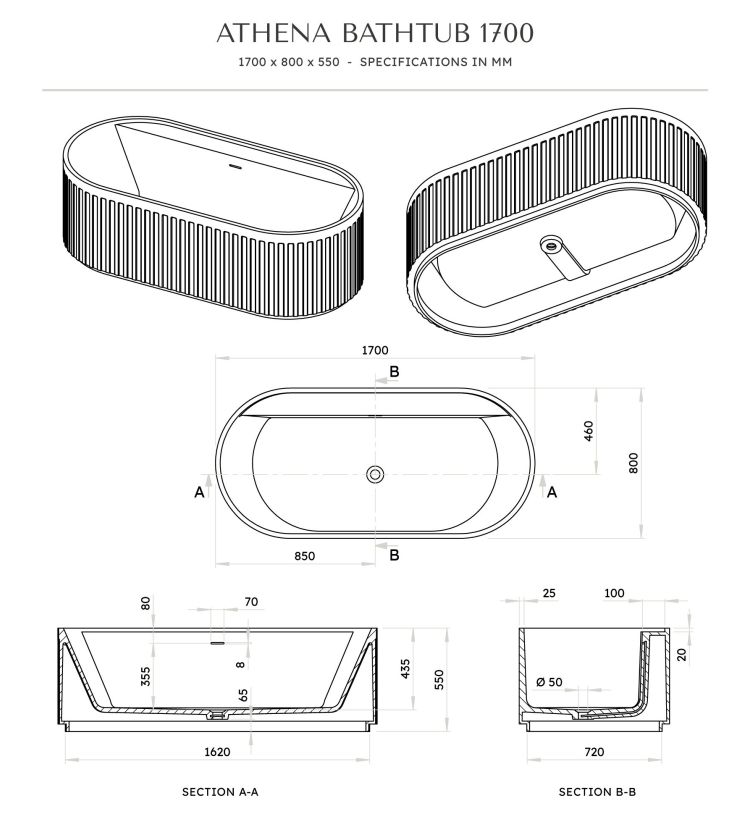 Athena Freestanding Fluted Stone Bath 1700mm | Aquaroc