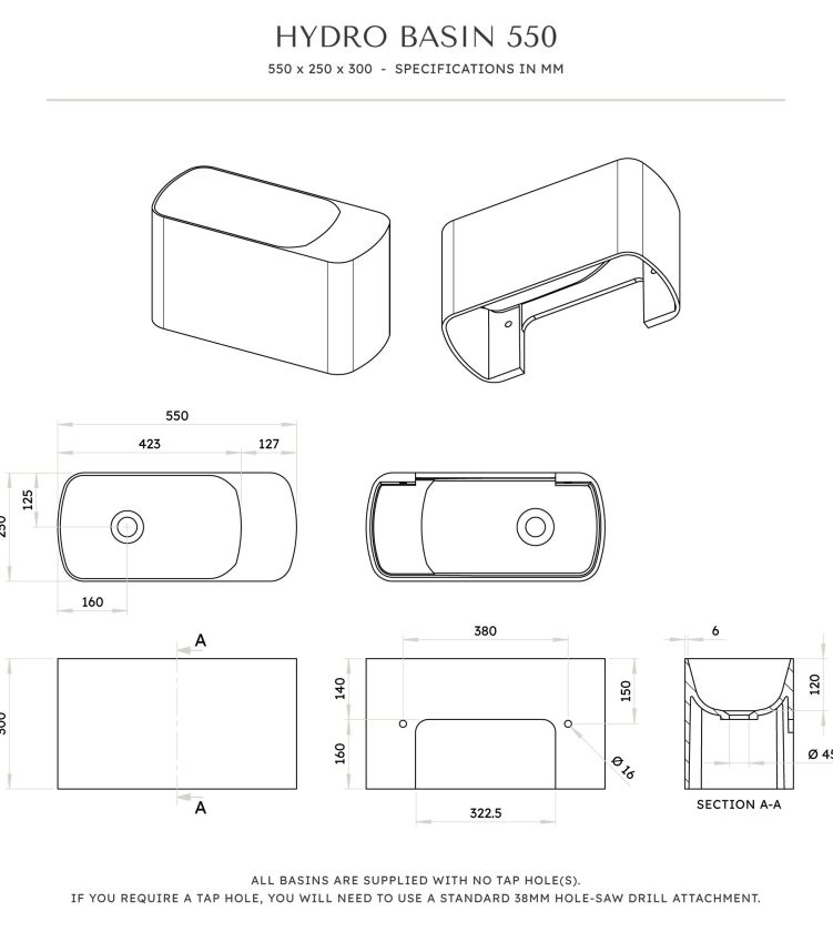 Hydro Wall Hung Stone Basin 550mm | Aquaroc