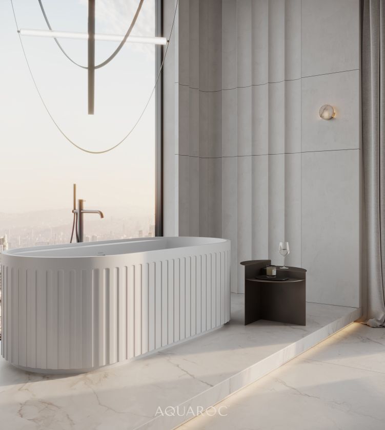 Athena Freestanding Fluted Stone Bath 1600mm | Aquaroc