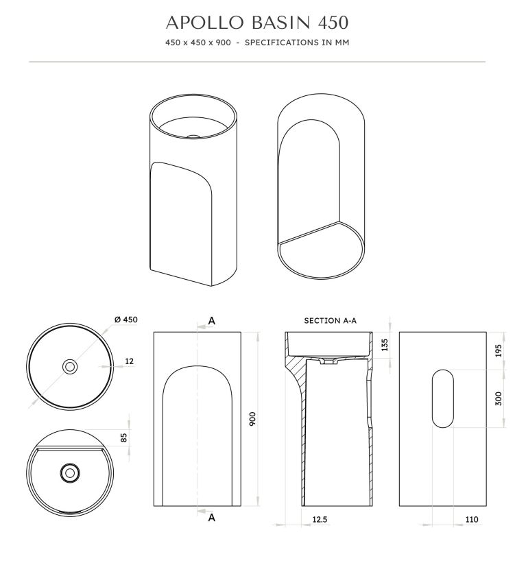 Apollo Freestanding Stone Basin 450mm | Aquaroc