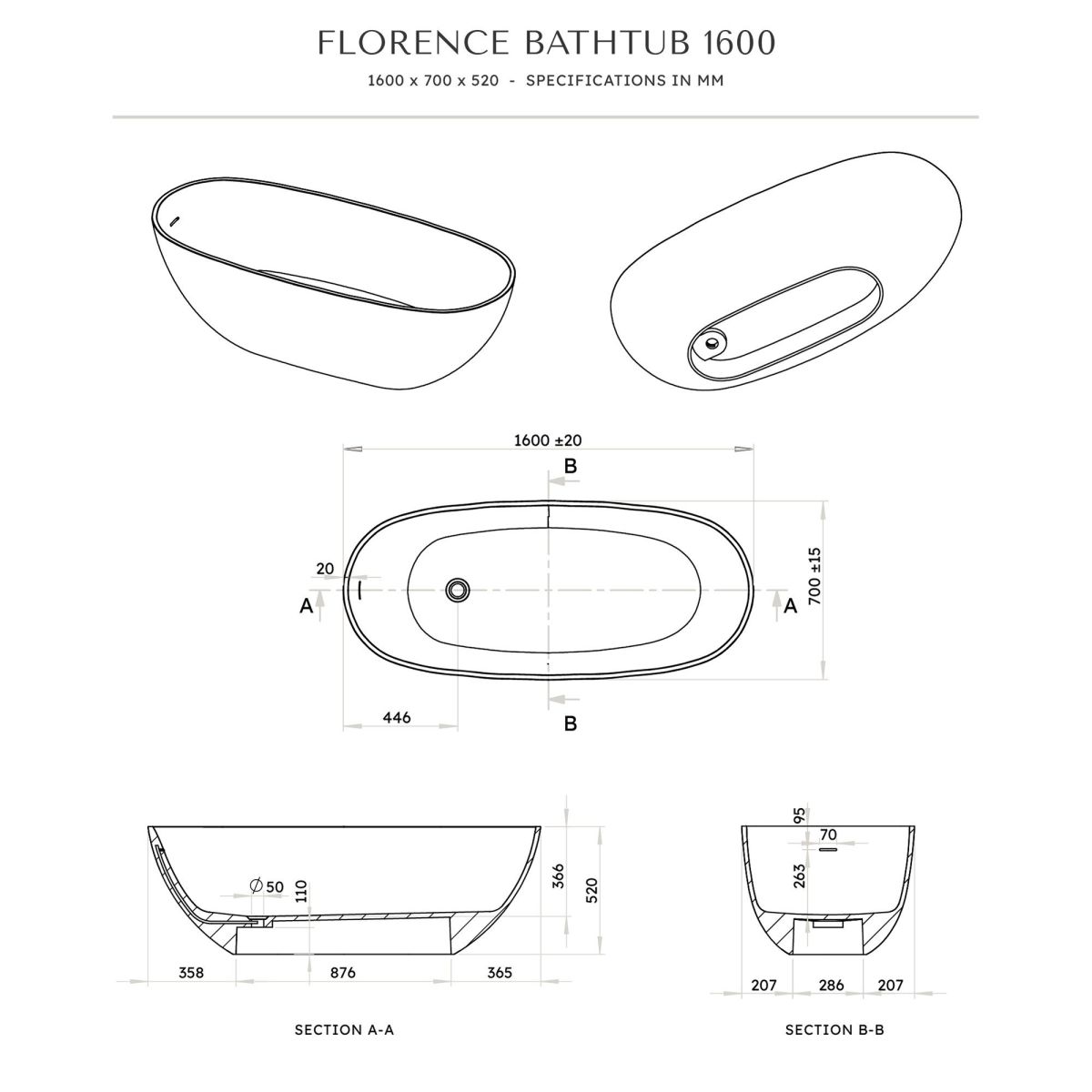 Florence Freestanding Stone Bath 1600mm | Aquaroc