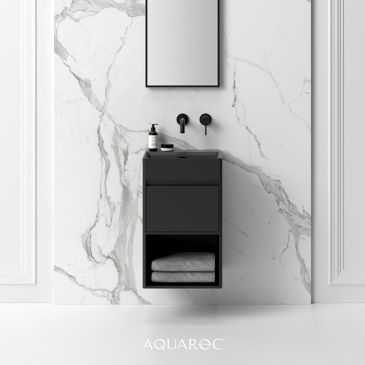 Monza Matte Black Stone Vanity Unit 400mm | Aquaroc