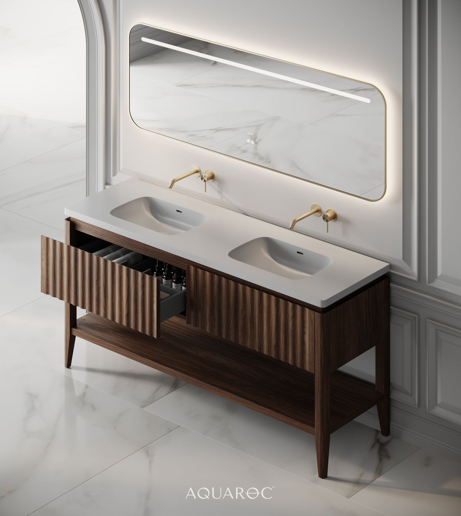 Kensington Double Vanity Unit & Stone Basin 1600mm Walnut | Aquaroc