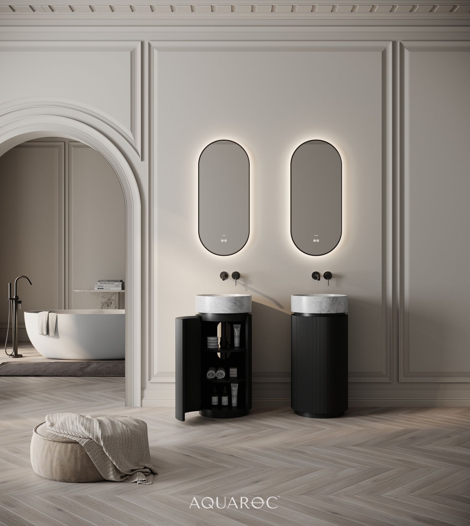 Rotunda Fluted Vanity Unit & Carrara Marble Basin 420mm Matte Black ...