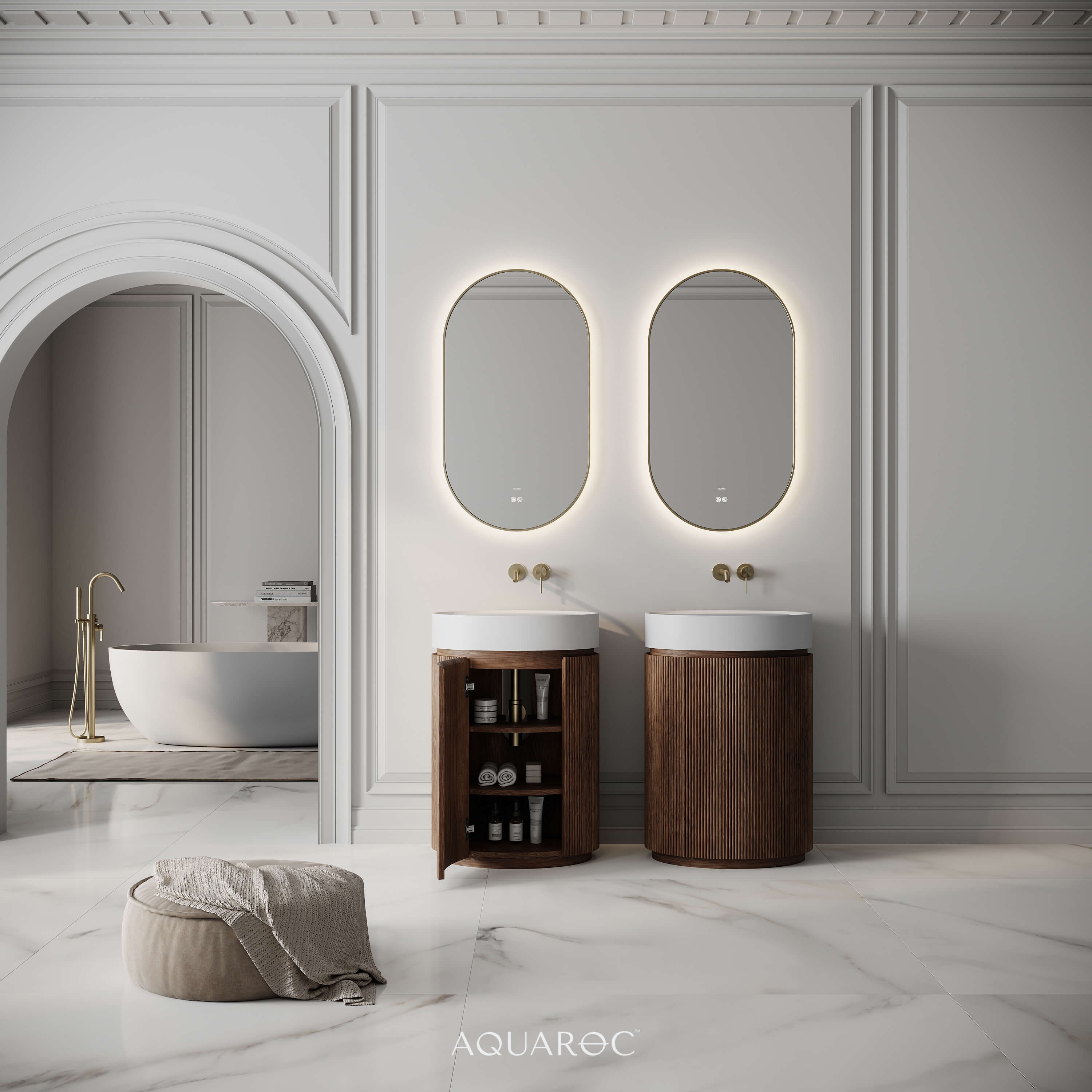 Rotunda Fluted Vanity Unit & Stone Basin 600mm Walnut | Aquaroc