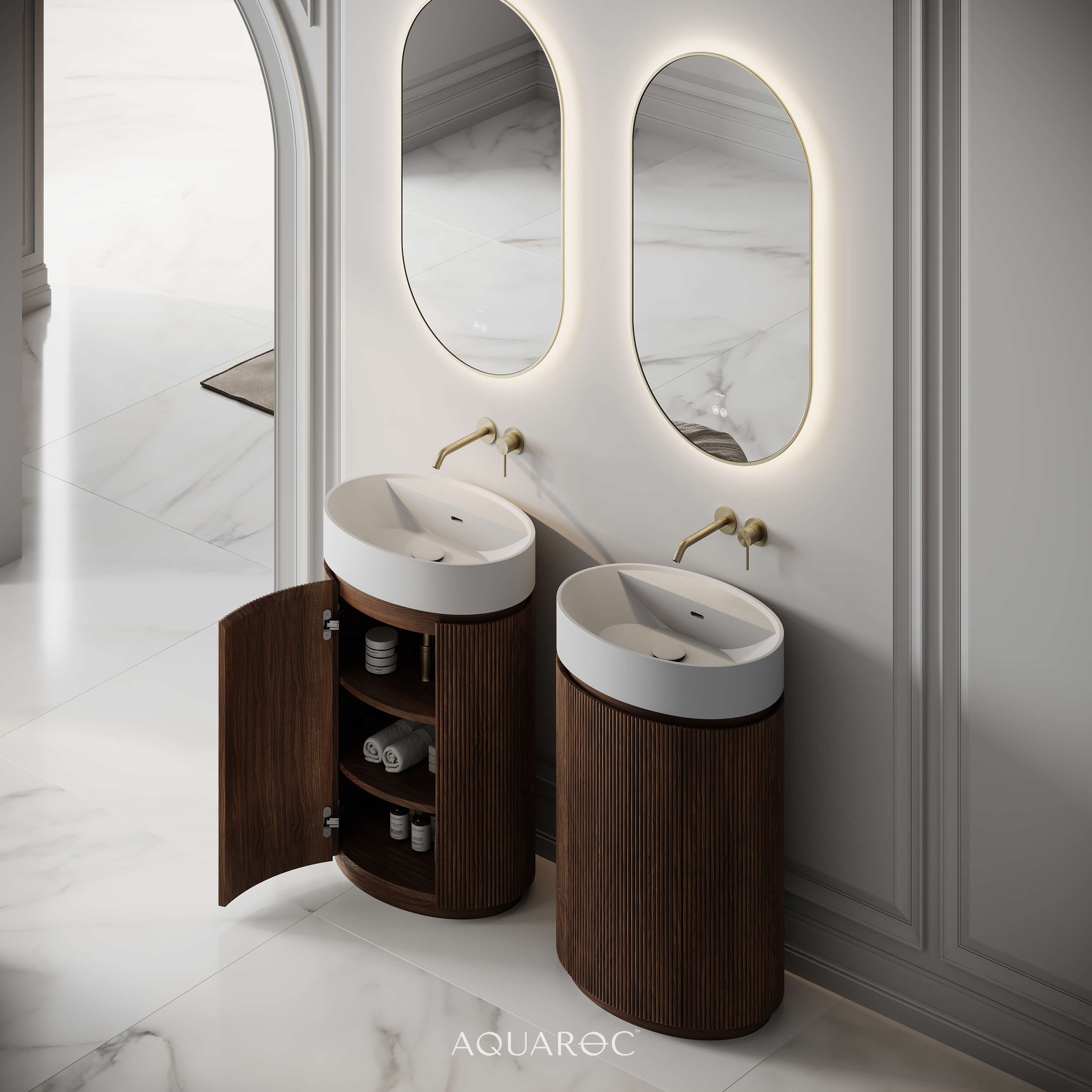 Rotunda Fluted Vanity Unit & Stone Basin 600mm Walnut | Aquaroc