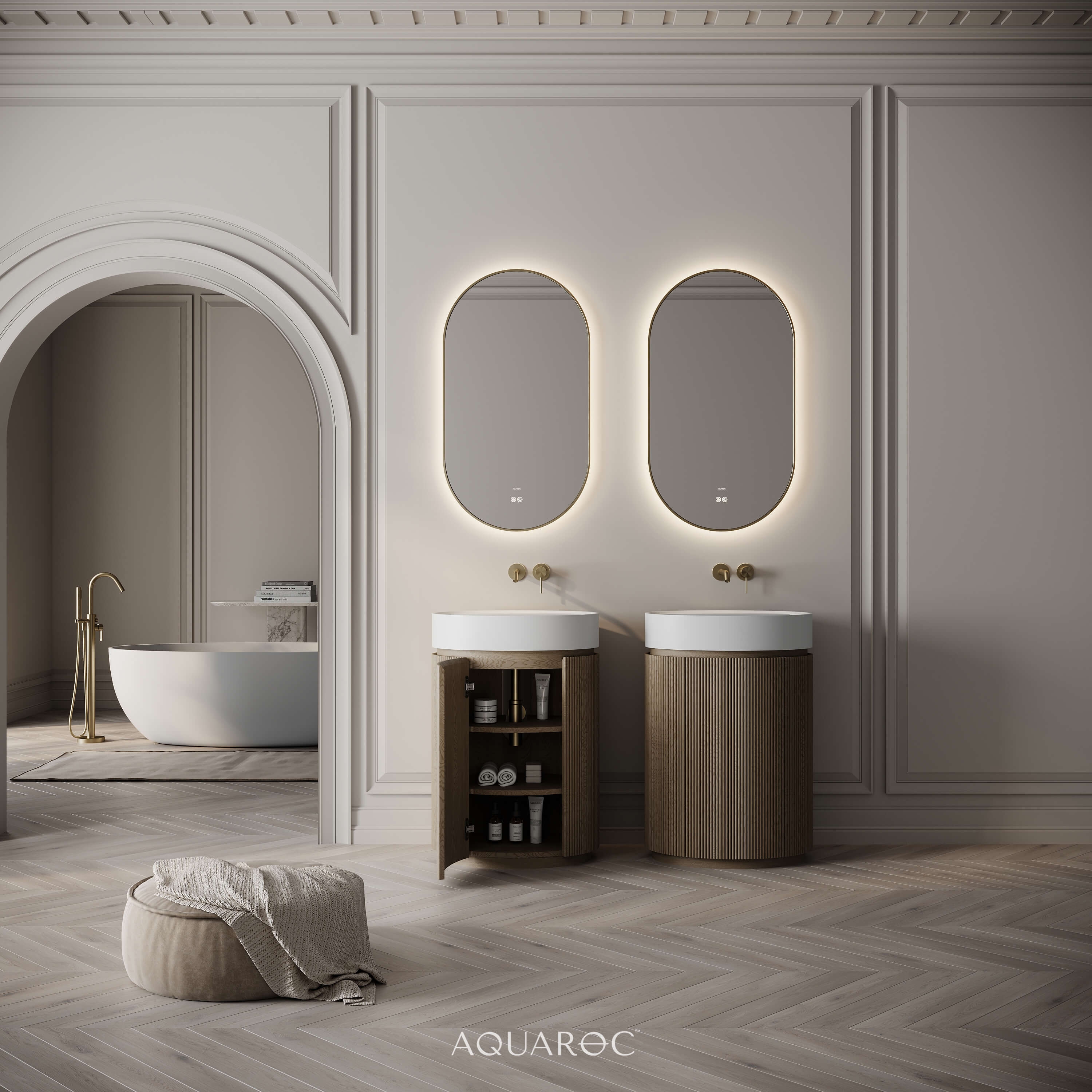 Rotunda Fluted Vanity Unit & Stone Basin 600mm Smoked Oak | Aquaroc
