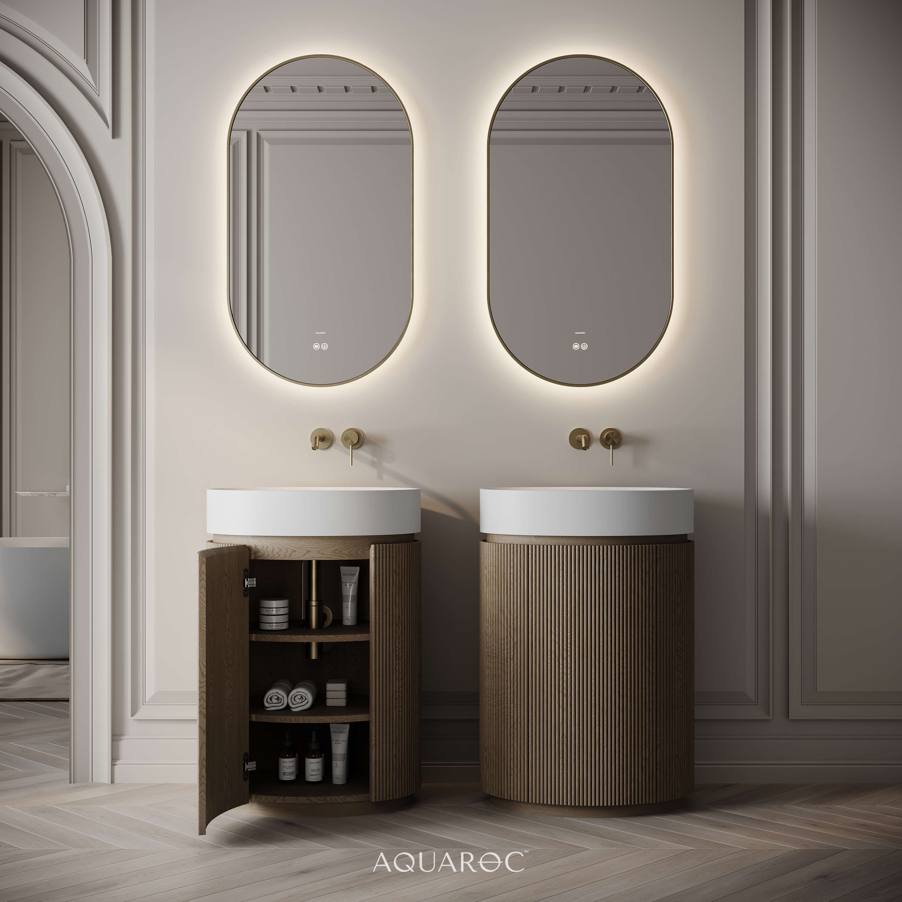 Rotunda Fluted Vanity Unit & Stone Basin 600mm Smoked Oak | Aquaroc