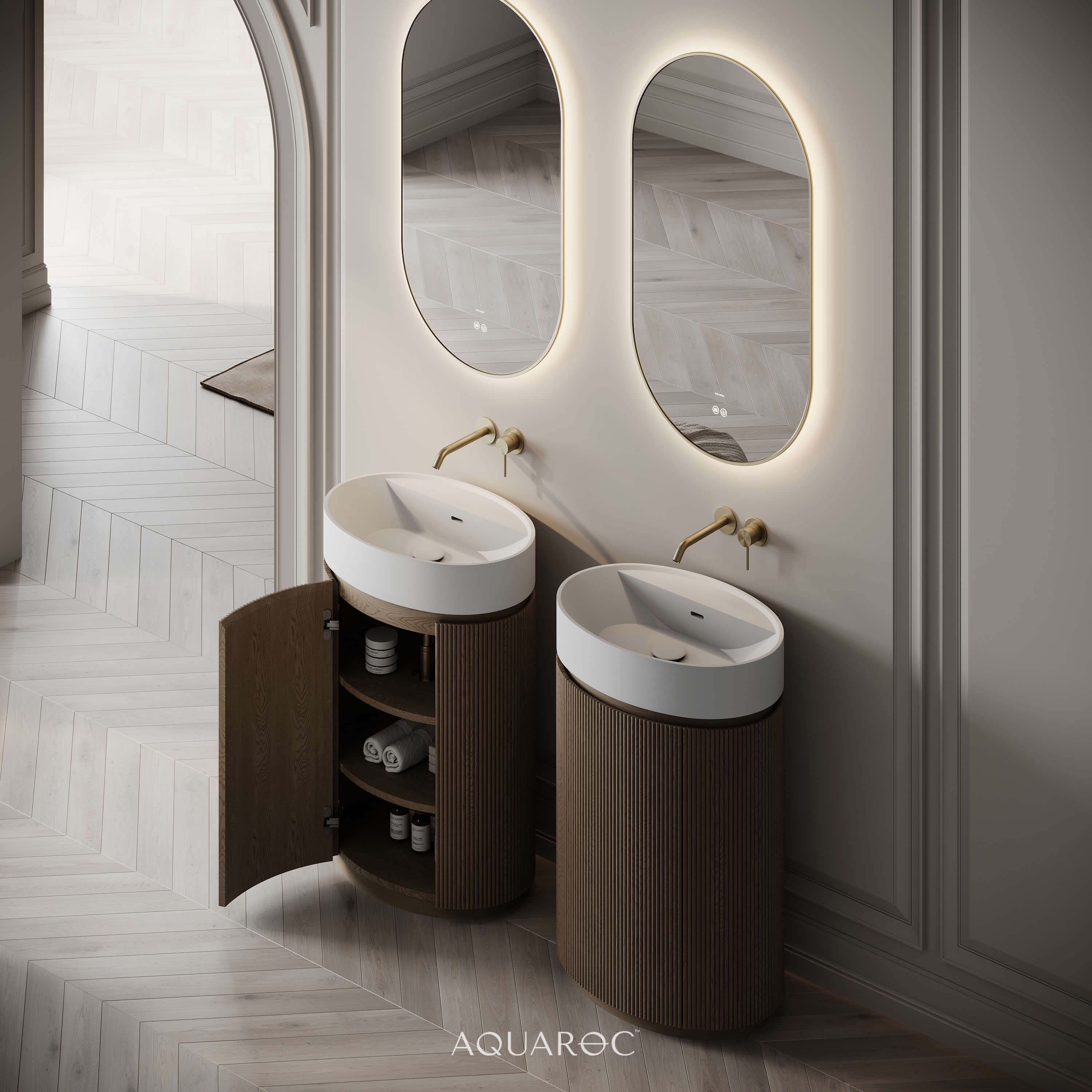 Rotunda Fluted Vanity Unit & Stone Basin 600mm Smoked Oak | Aquaroc