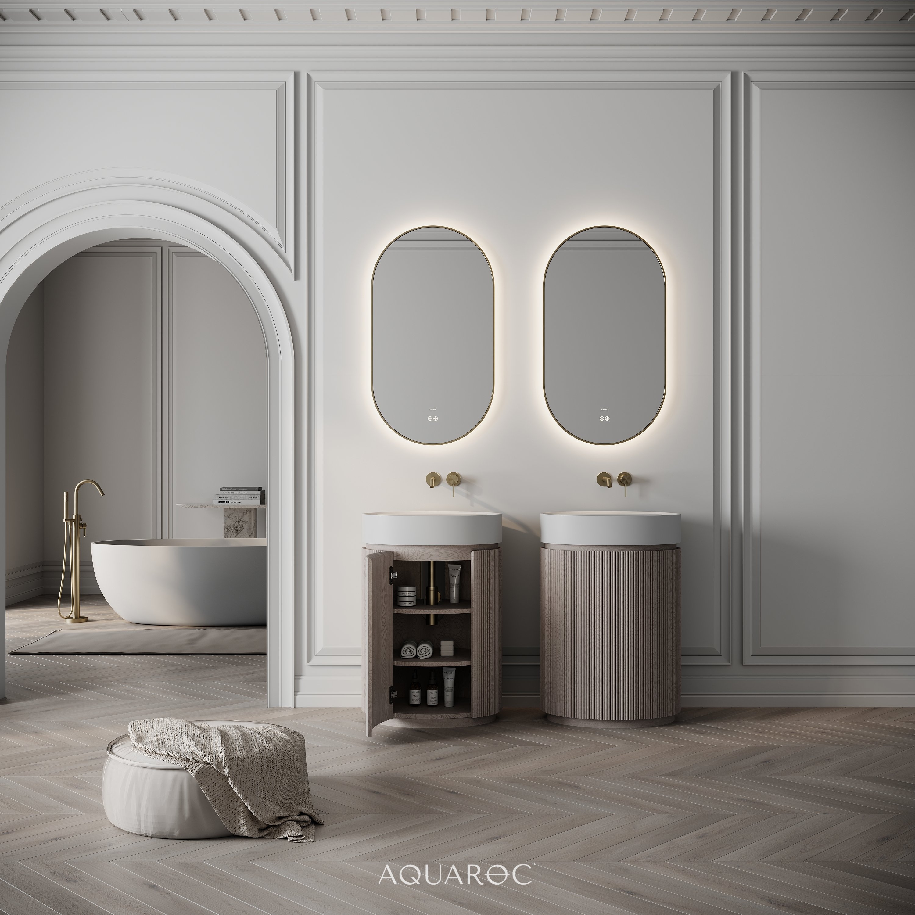 Rotunda Fluted Vanity Unit & Stone Basin 600mm Sabbia Grigio Oak | Aquaroc