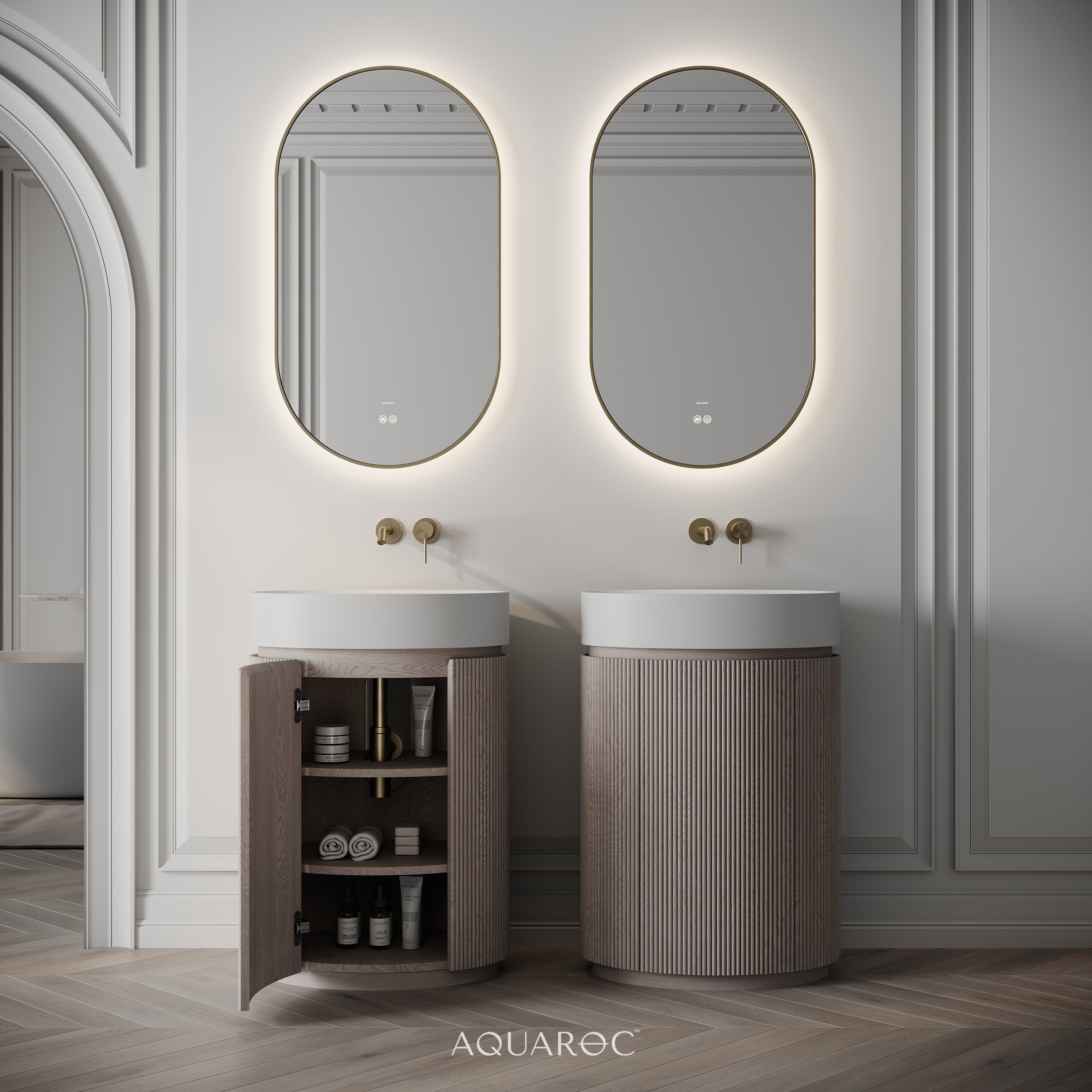 Rotunda Fluted Vanity Unit & Stone Basin 600mm Sabbia Grigio Oak | Aquaroc