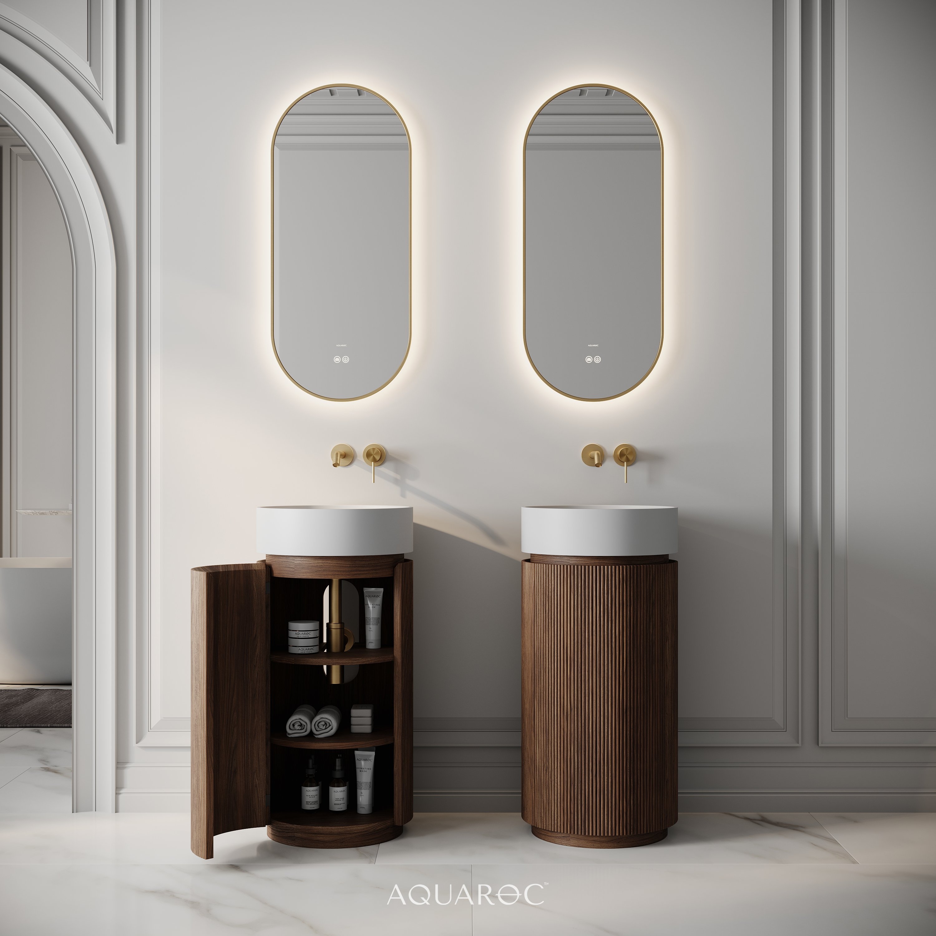 Rotunda Fluted Vanity Unit & Stone Basin 420mm Walnut | Aquaroc