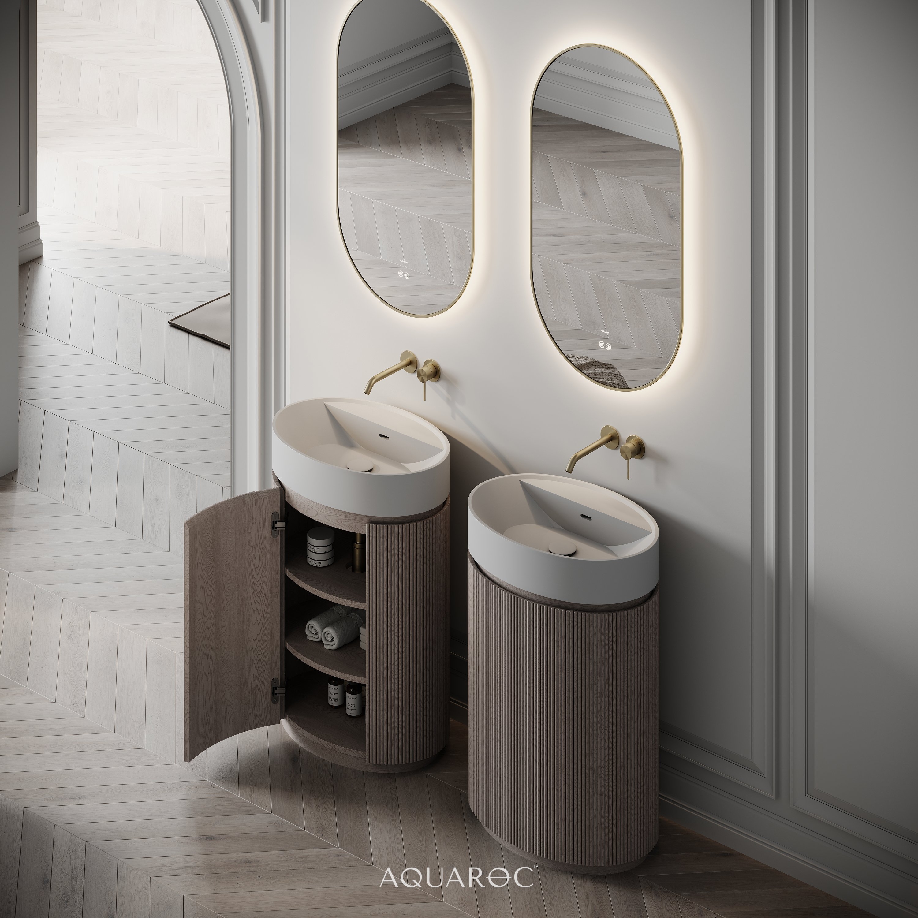 Rotunda Fluted Vanity Unit & Stone Basin 600mm Sabbia Grigio Oak | Aquaroc