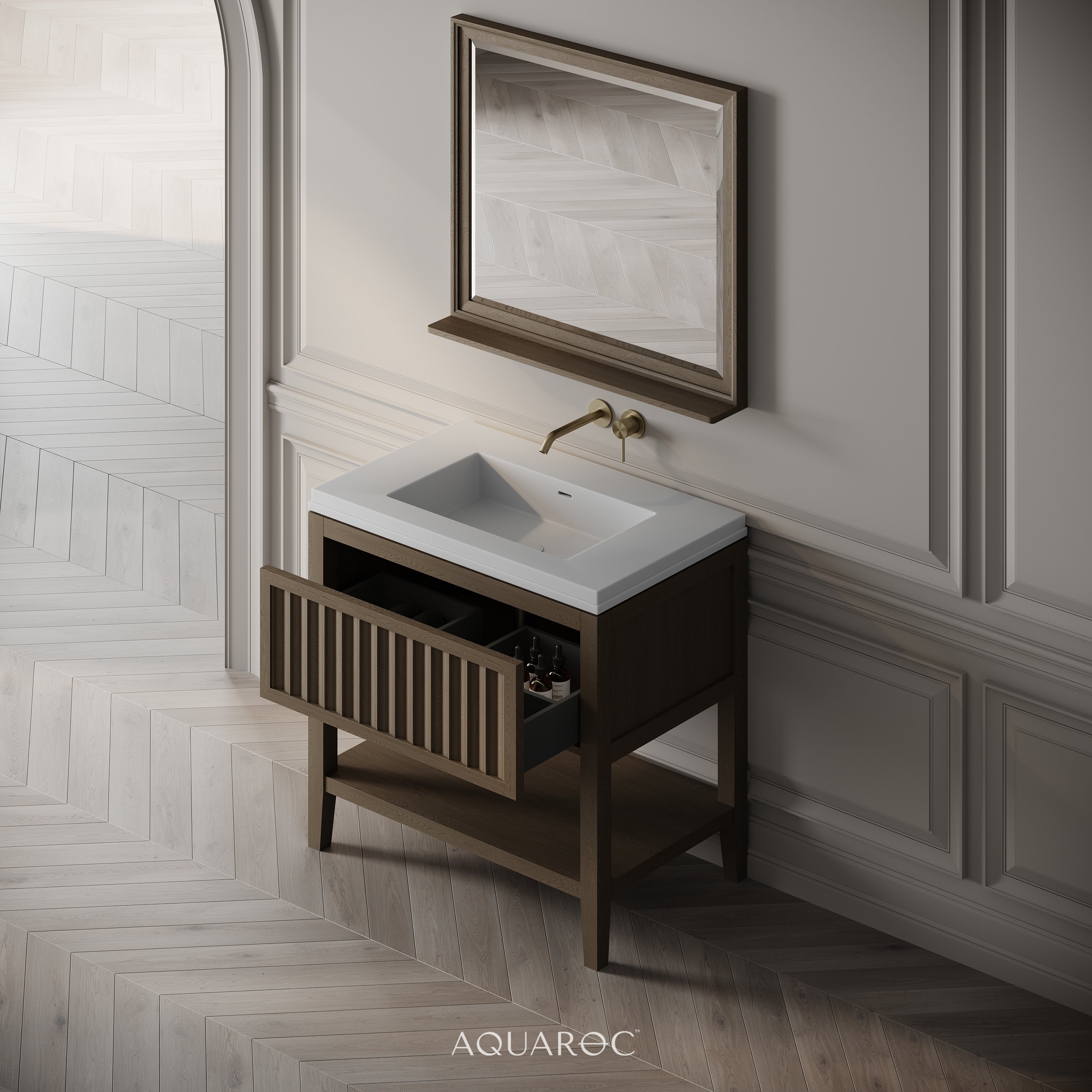 Belvedere Vanity Unit & Stone Basin 800mm Smoked Oak | Aquaroc