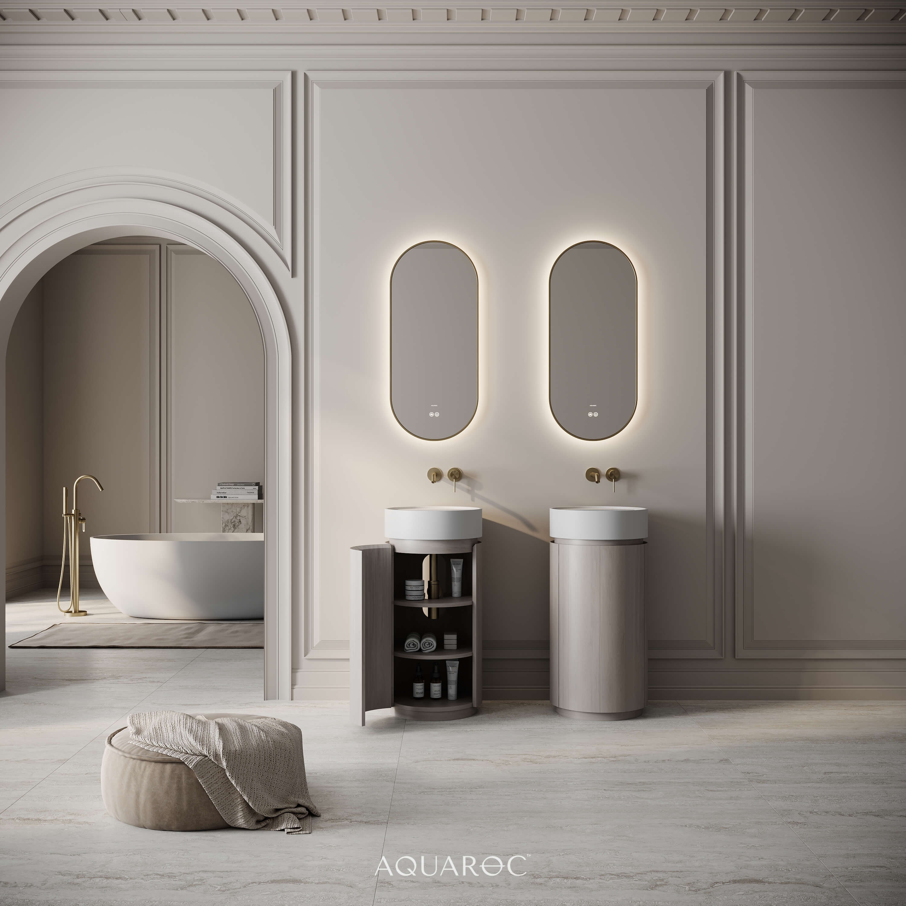Rotunda Beige Oak Vanity Unit & Stone Basin 420mm | Aquaroc Bathrooms