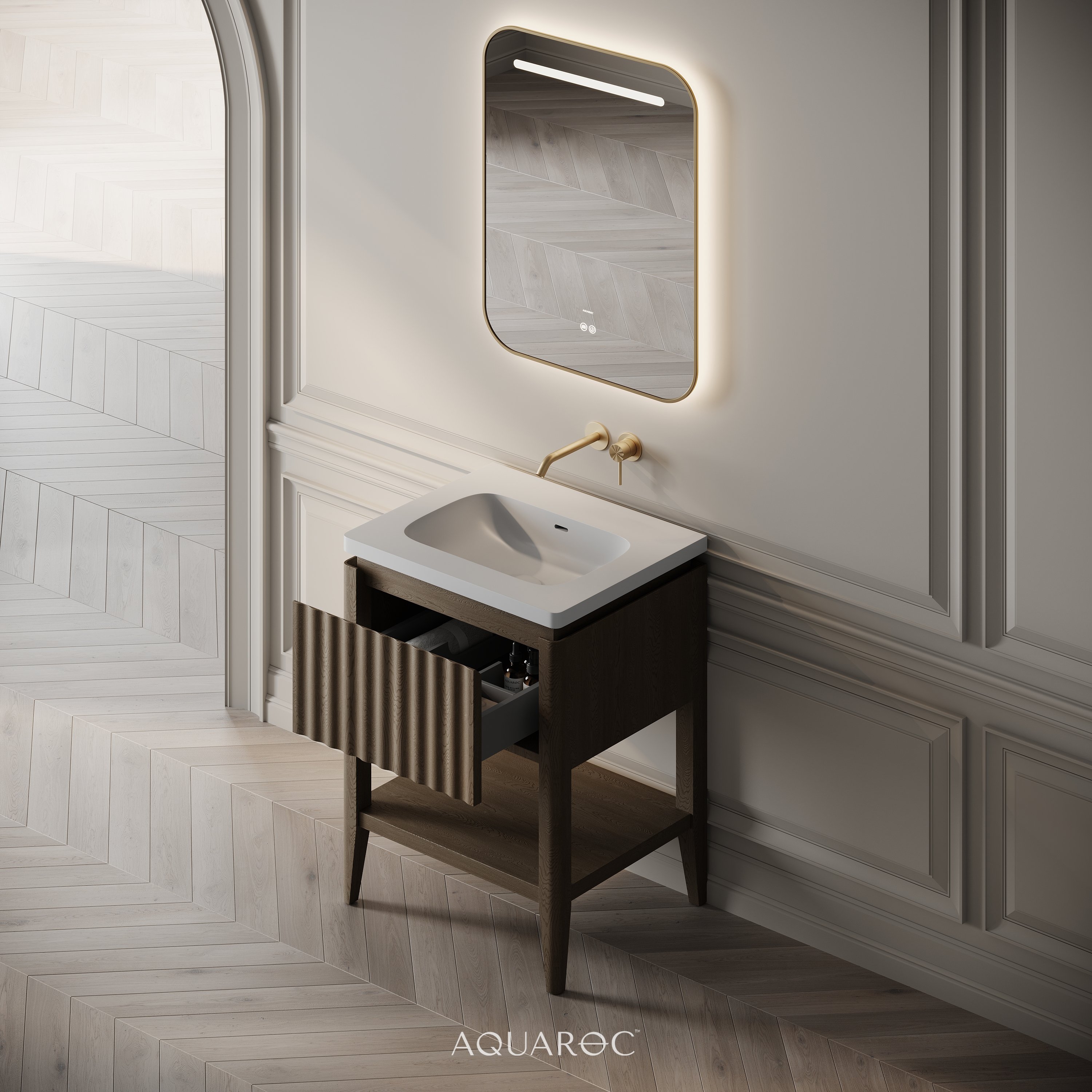 Kensington Vanity Unit & Stone Basin 600mm Smoked Oak | Aquaroc