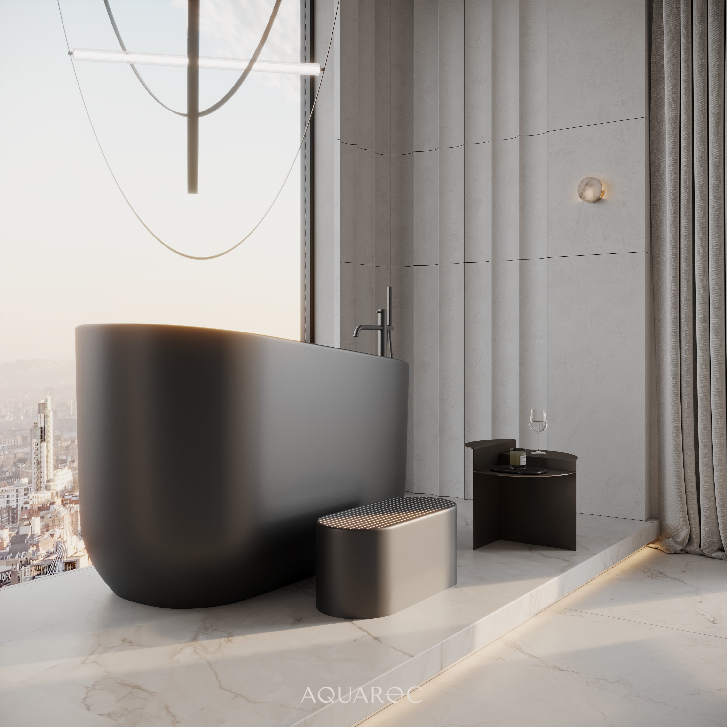 Soak Matte Black Freestanding Japanese Soaking Stone Bath 1350mm | Aquaroc