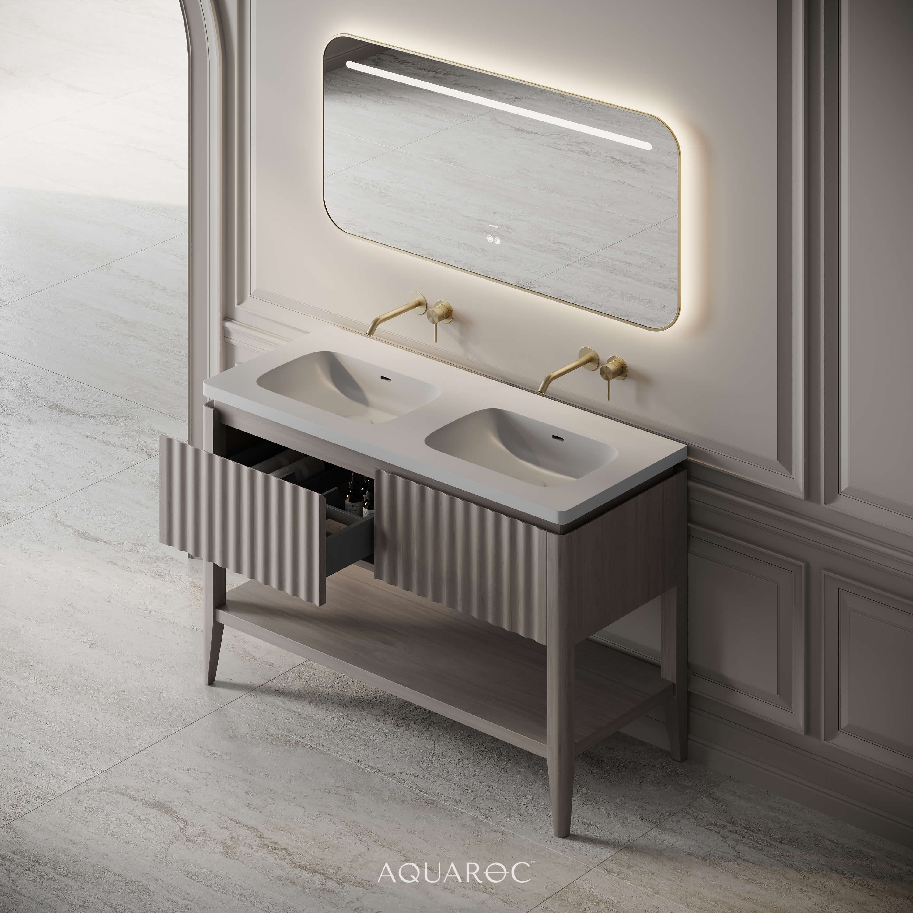 Kensington Beige Oak Vanity Unit & Double Stone Basin 1200mm | Aquaroc ...