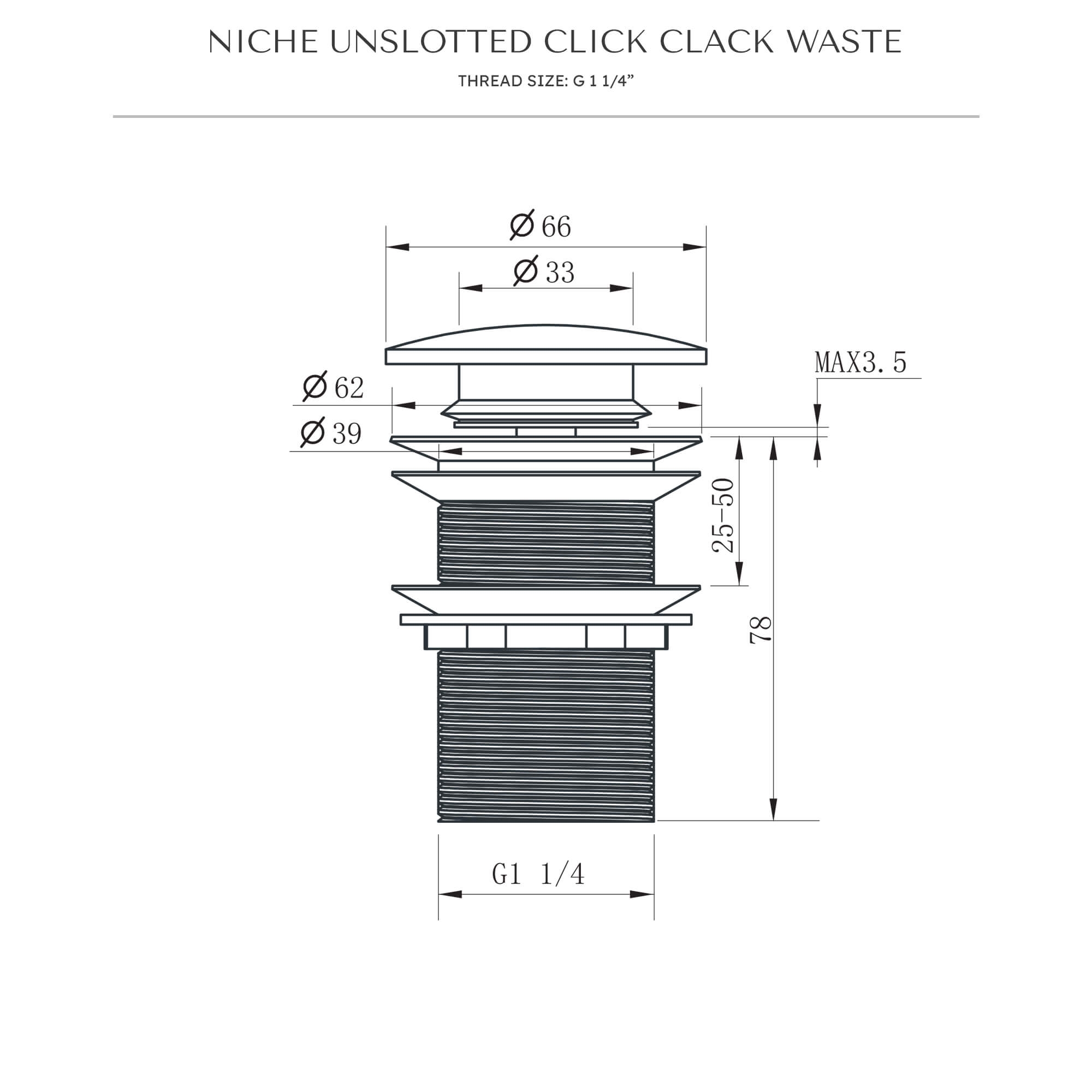 Niche Matte Black Unslotted Click Clack Basin Waste | Aquaroc