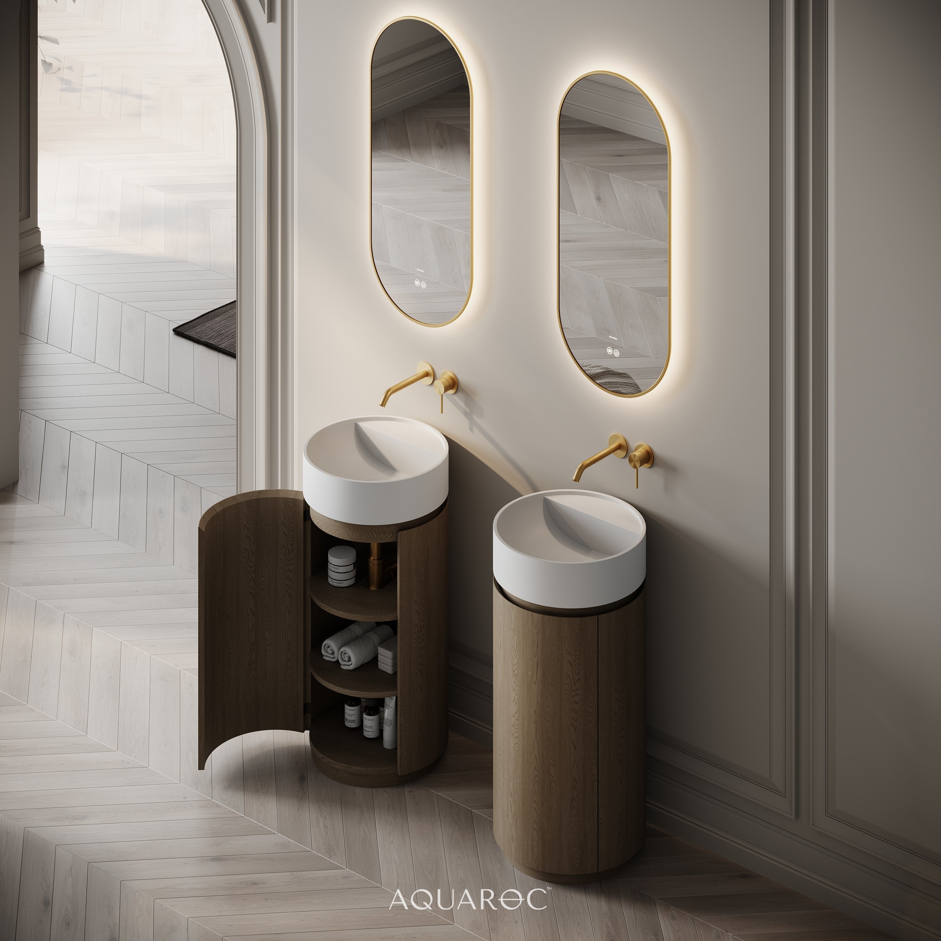 Rotunda Vanity Unit & Stone Basin 420mm Smoked Oak | Aquaroc