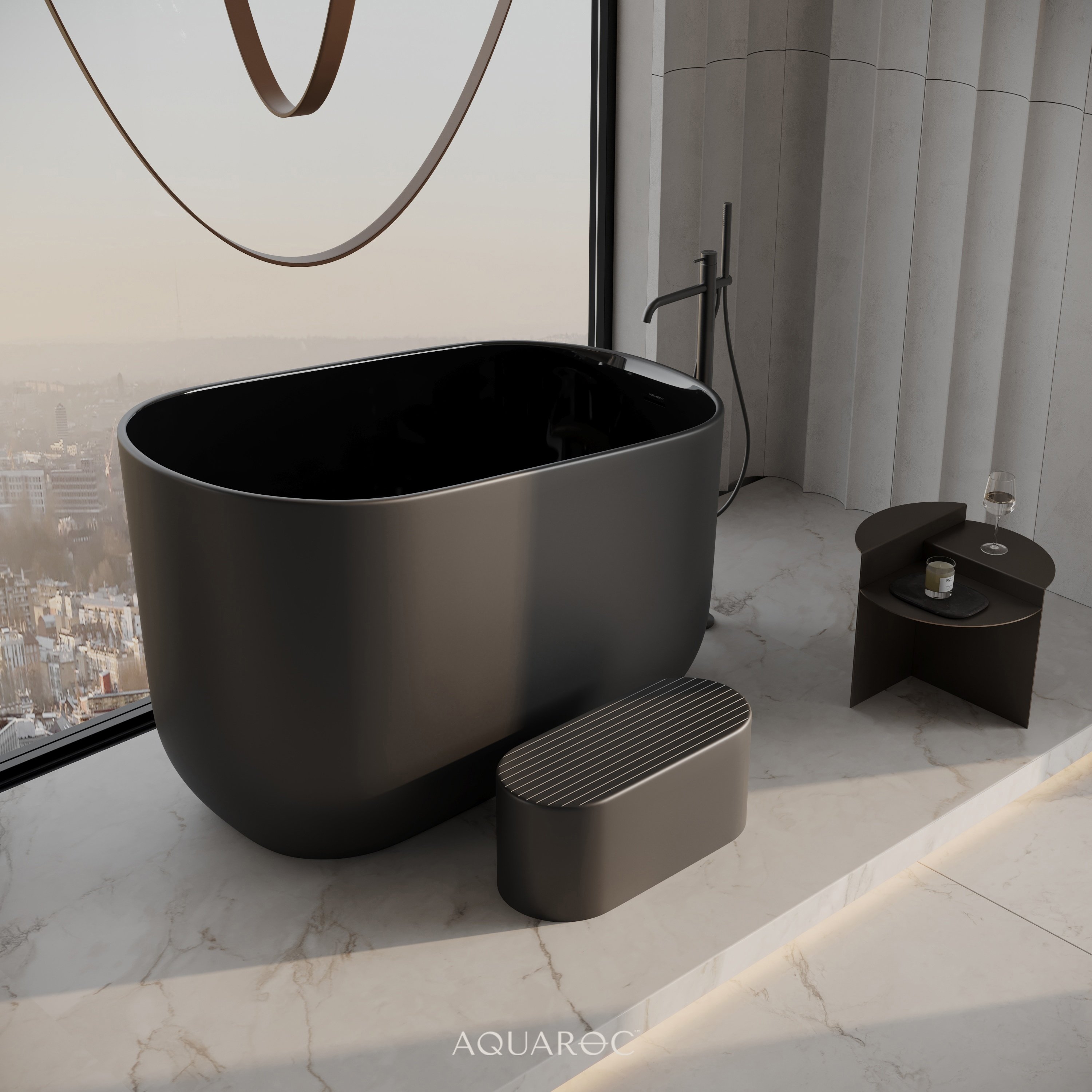 Soak Matte Black Freestanding Japanese Soaking Stone Bath 1350mm | Aquaroc