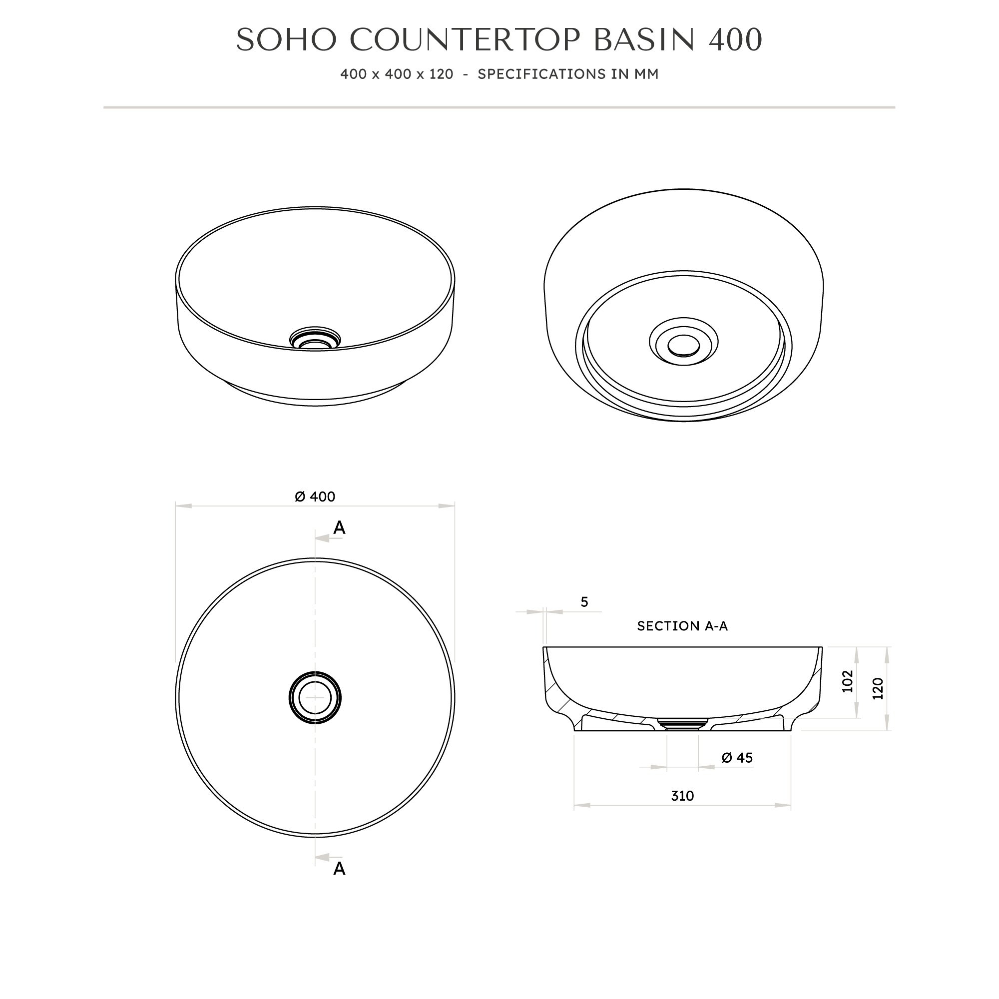 Soho Round Countertop Stone Basin 400mm | Aquaroc