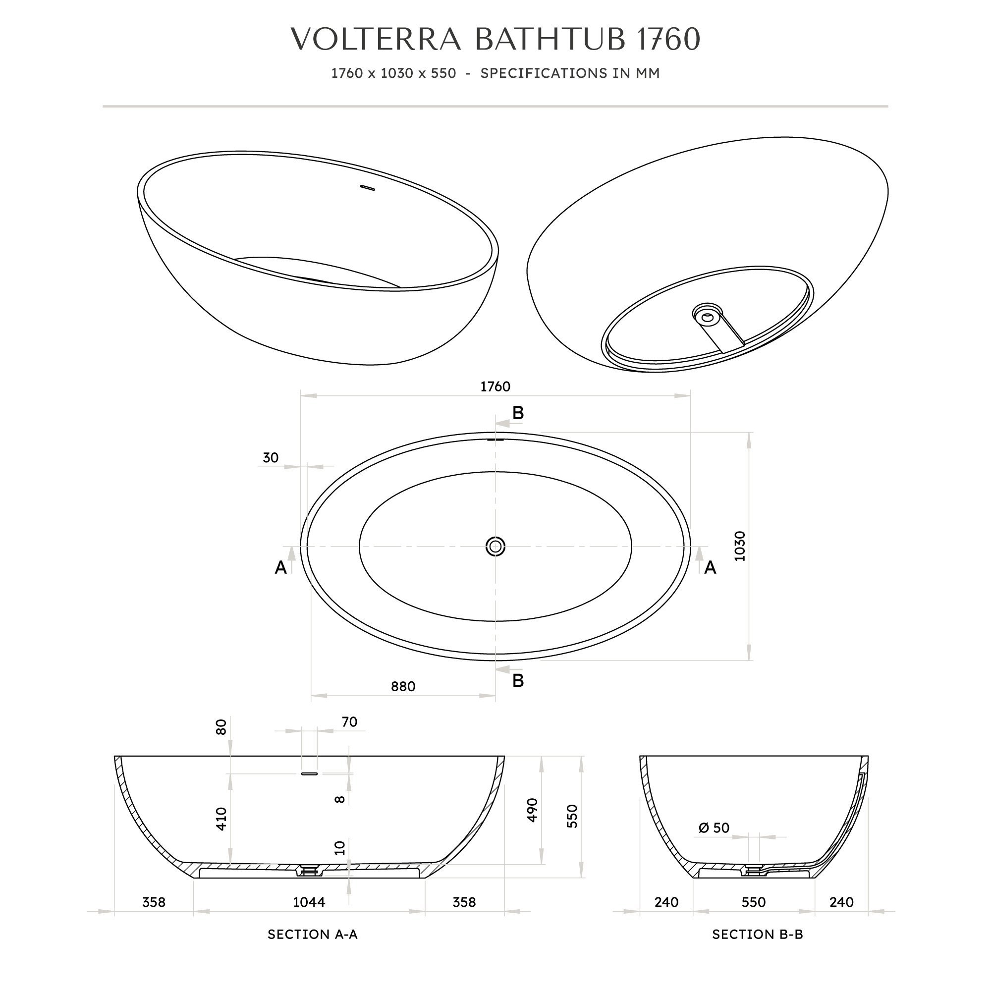 Volterra Matte Black Freestanding Stone Bath 1760mm | Aquaroc