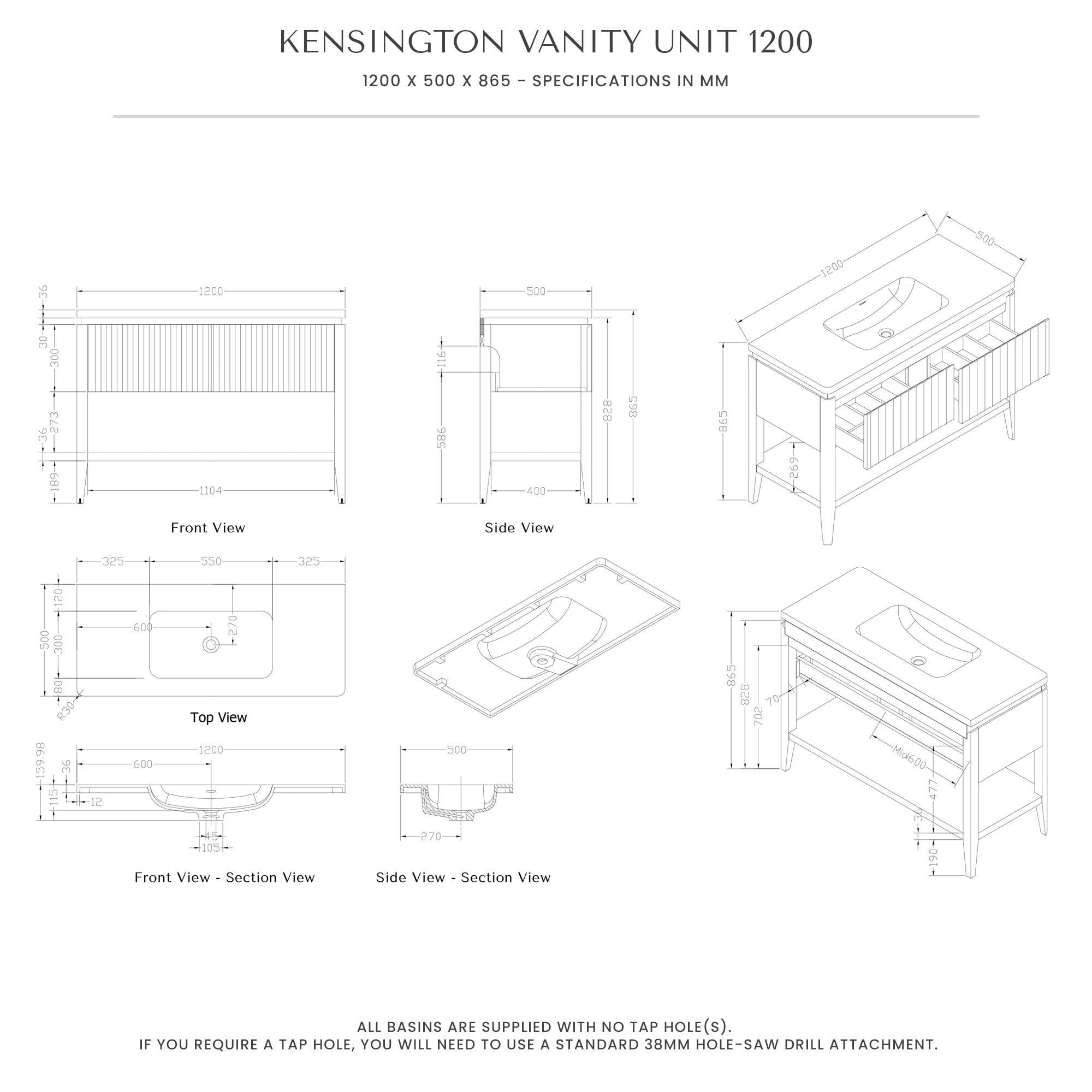 Kensington Vanity Unit & Stone Basin 1200mm Matte Black | Aquaroc