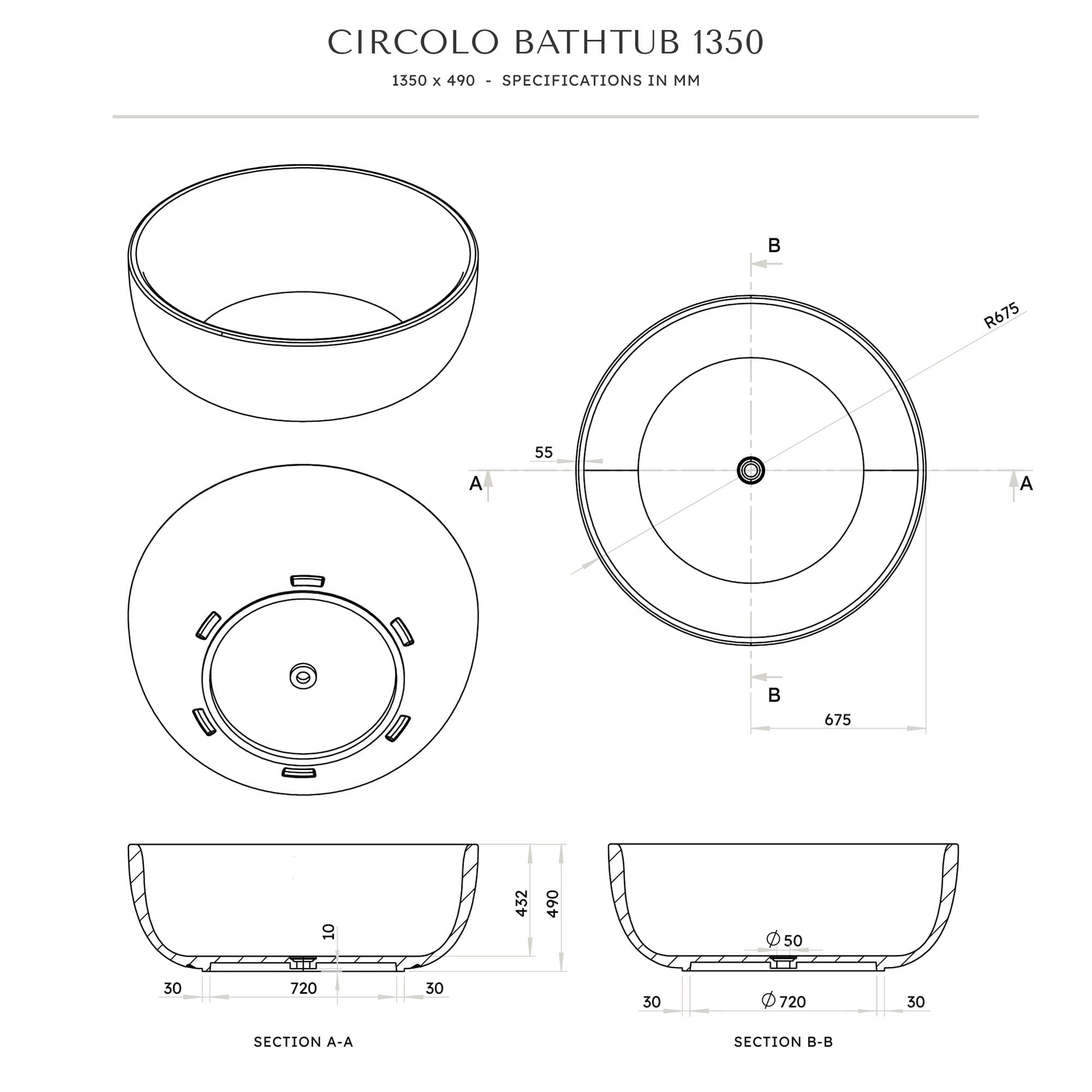 Circolo Freestanding Round Stone Bath 1350mm | Aquaroc