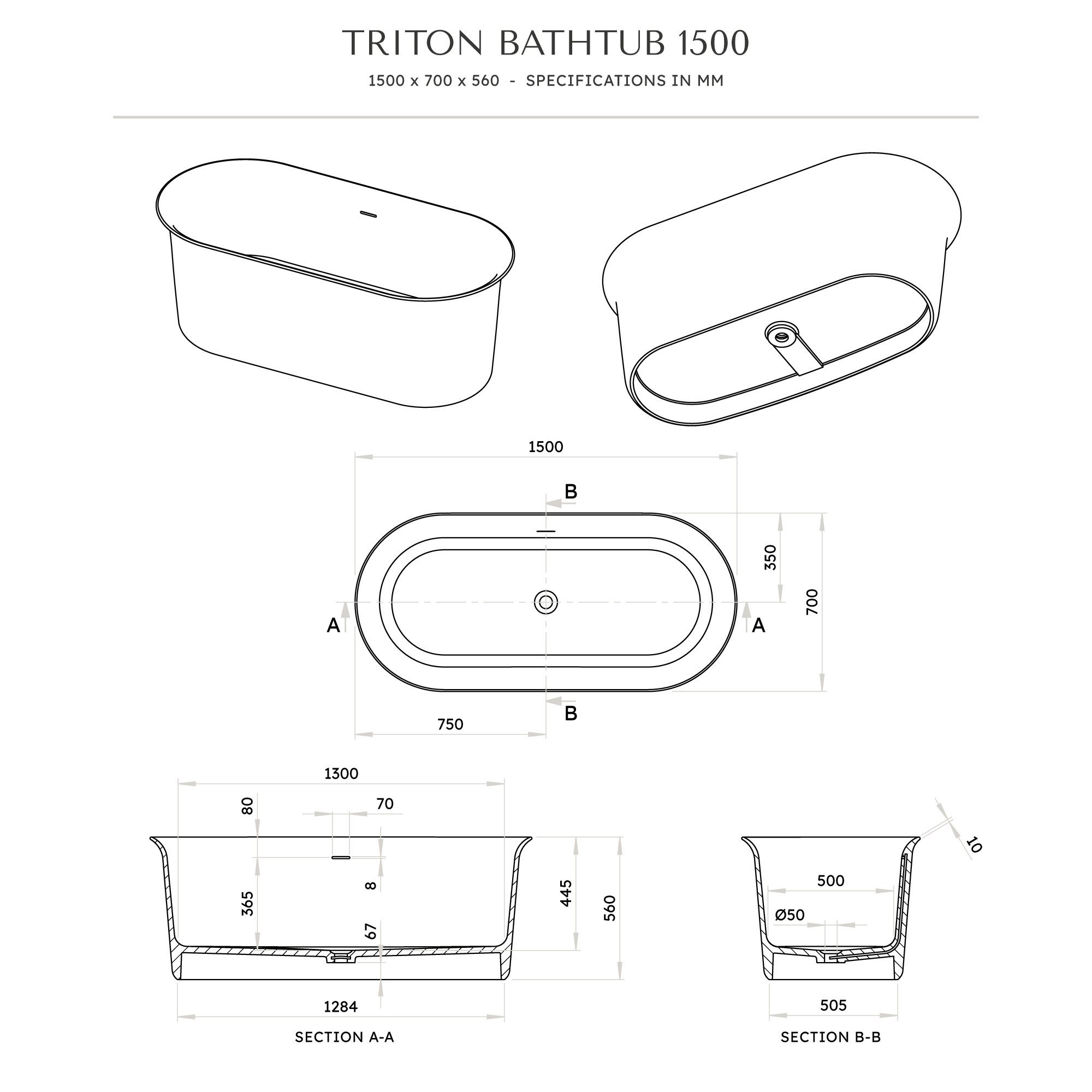 Triton Freestanding Stone Bath 1500mm | Aquaroc