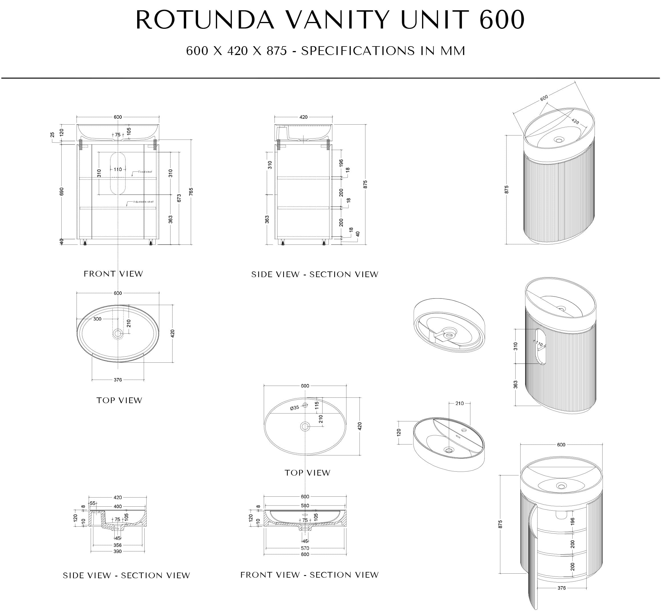 Rotunda Fluted Vanity Unit & Stone Basin 600mm Black Oak | Aquaroc
