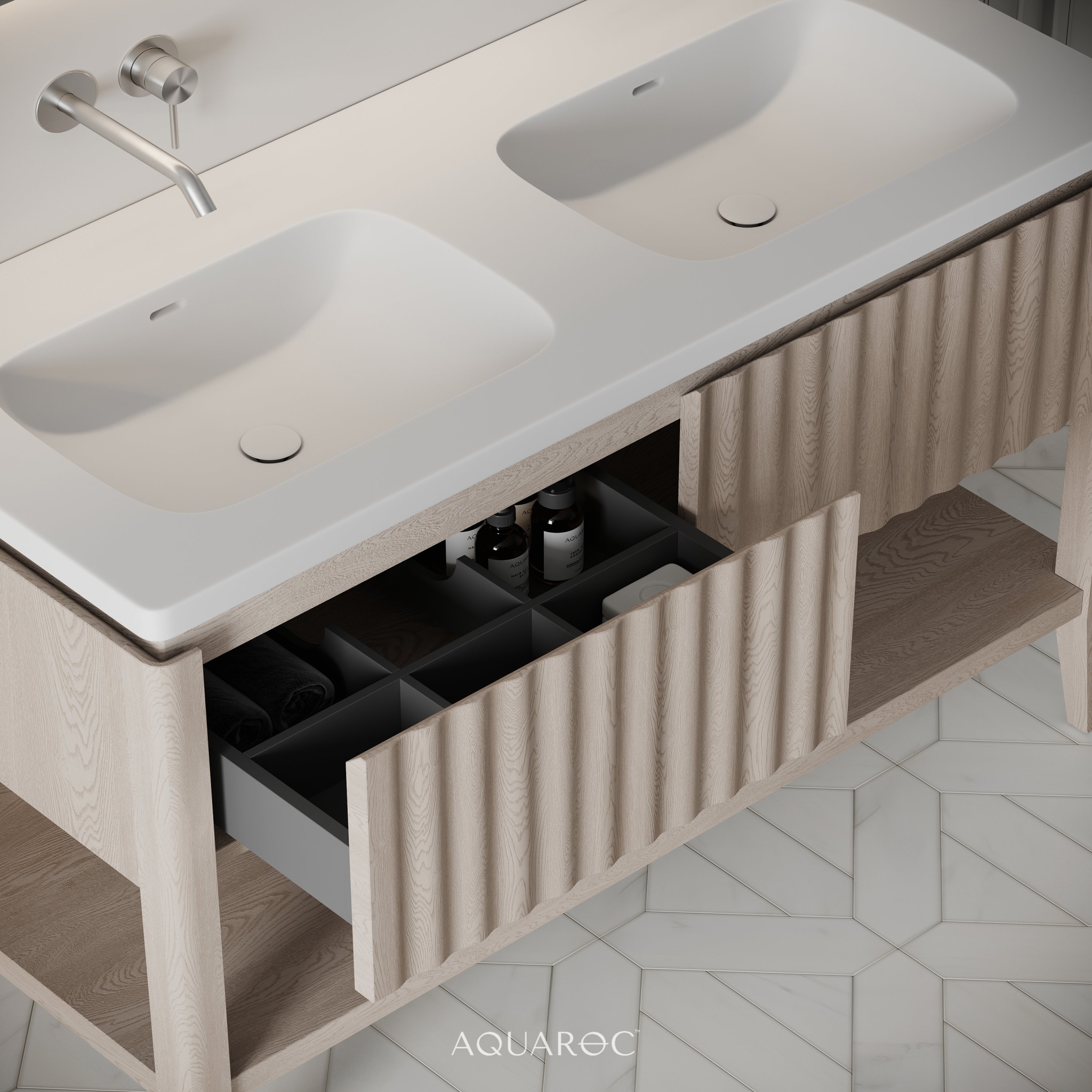 Kensington Vanity Unit & Double Stone Basin 1200mm Natural Oak | Aquaroc
