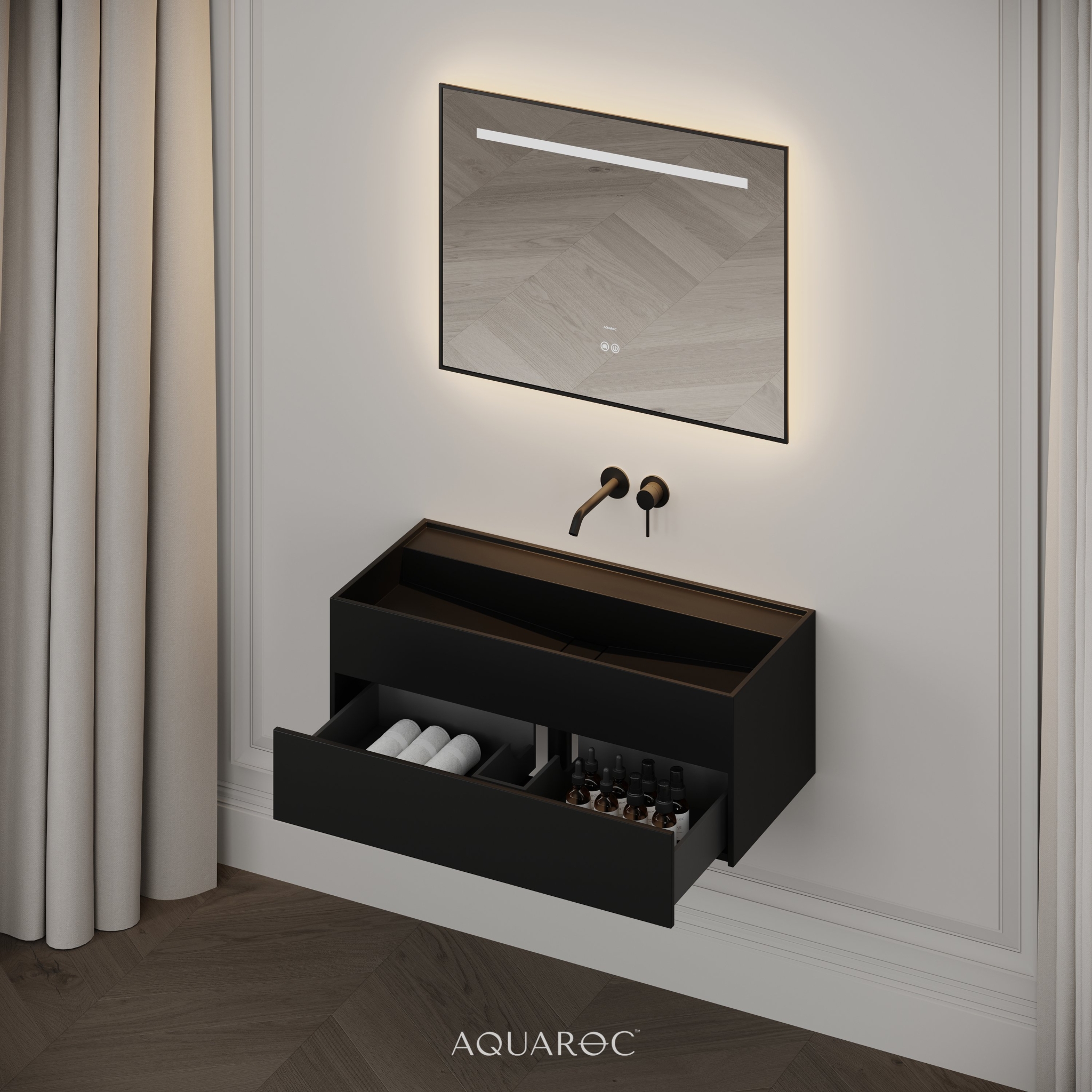 Nero Matte Black Stone Vanity Unit 900mm | Aquaroc