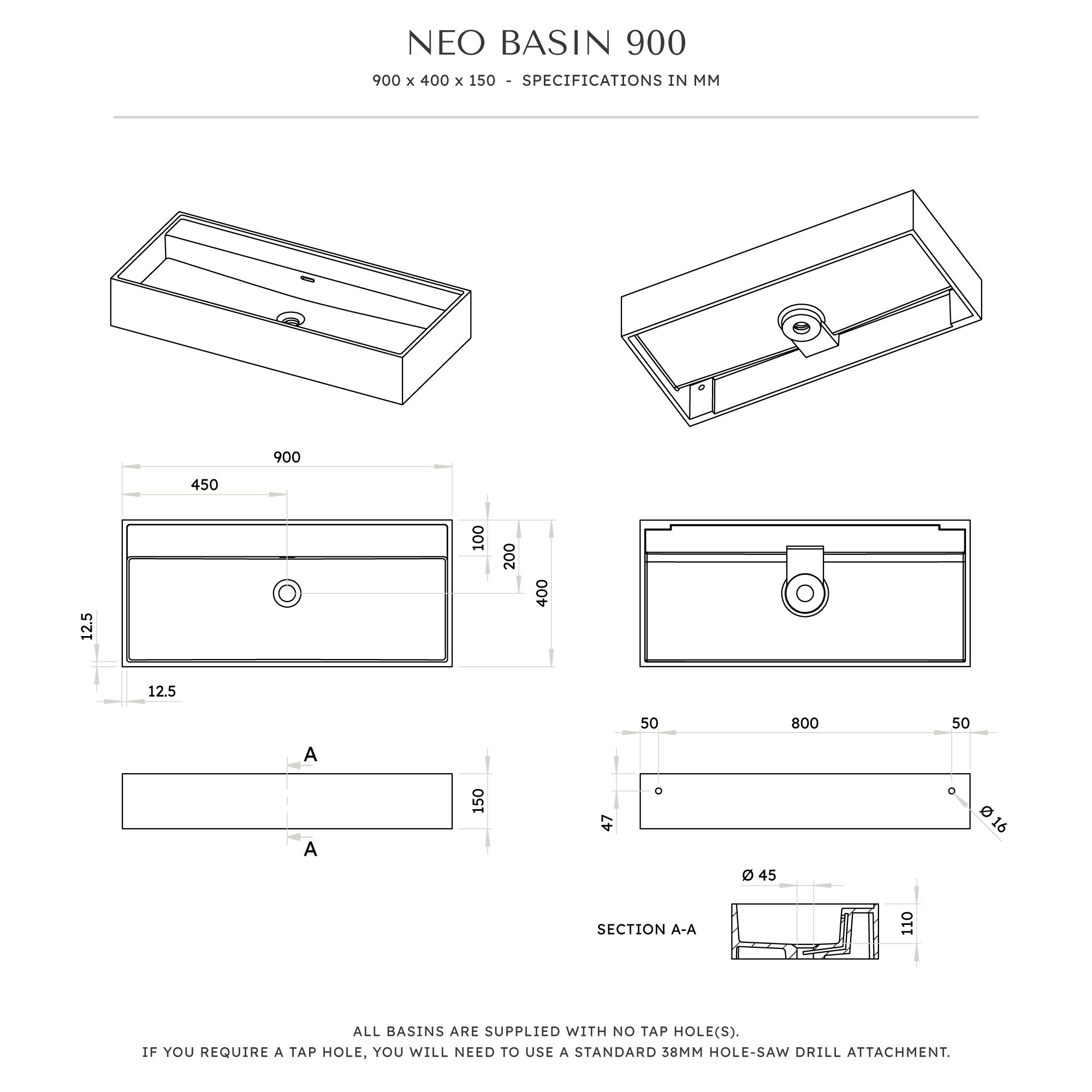 Neo Matte Black Wall Hung Stone Basin 900mm | Aquaroc