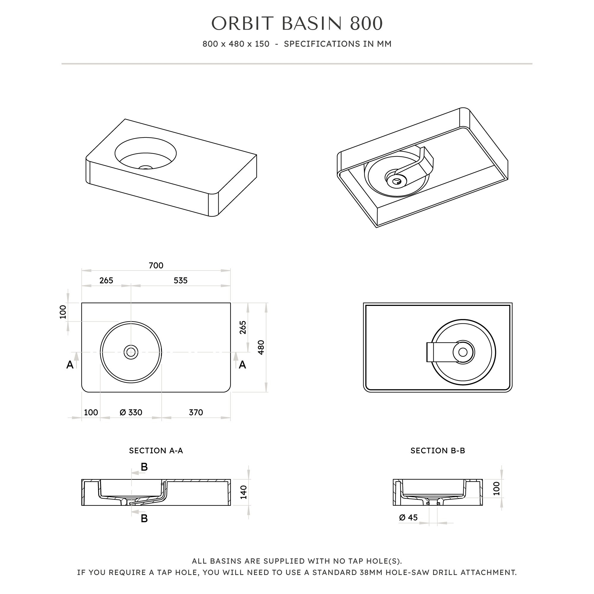 Orbit Wall Hung Stone Basin 800mm | Aquaroc