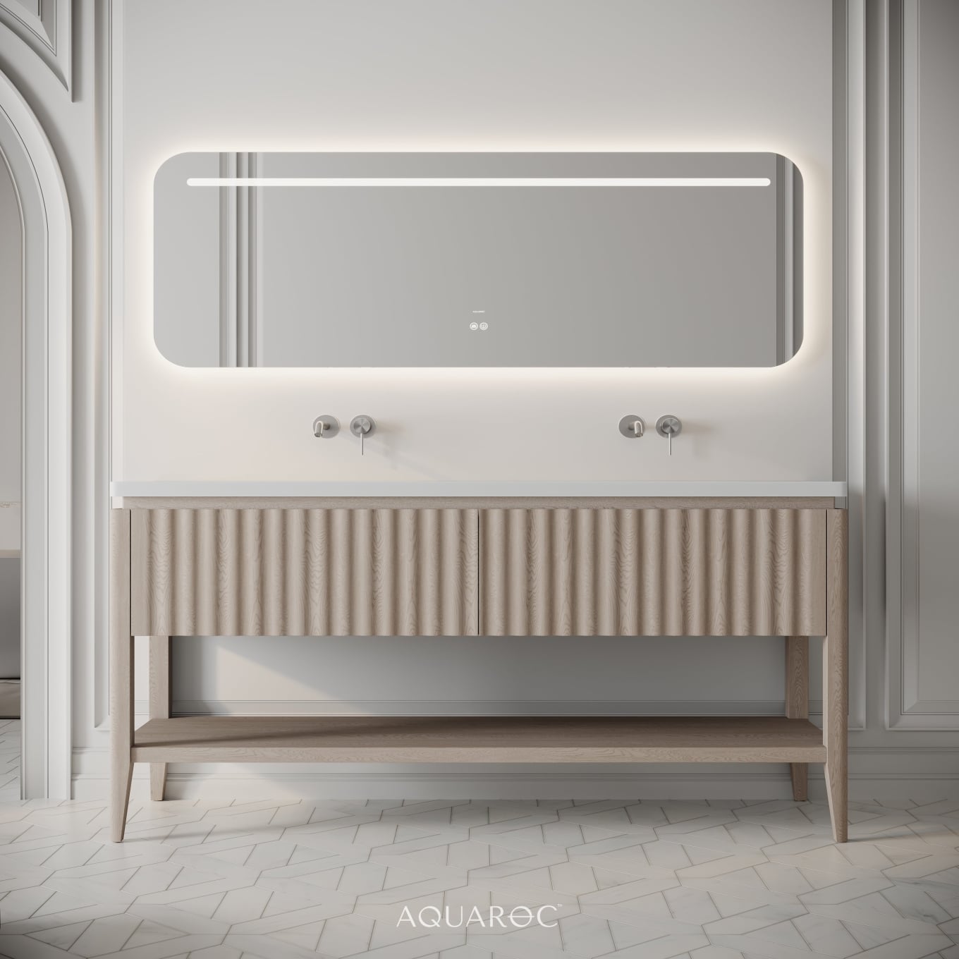 Kensington Vanity Unit & Double Stone Basin 1600mm Natural Oak | Aquaroc