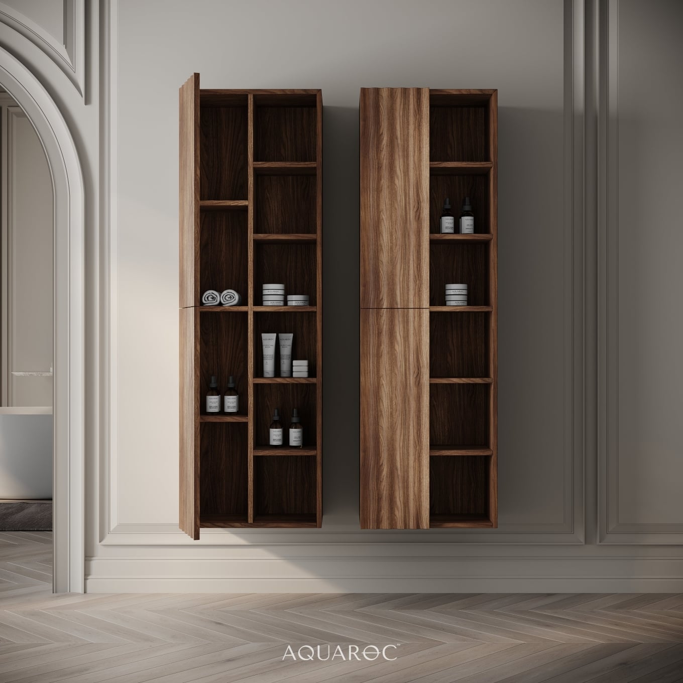 Wall Hung Fluted Bathroom Storage Unit 500mm Walnut From Aquaroc
