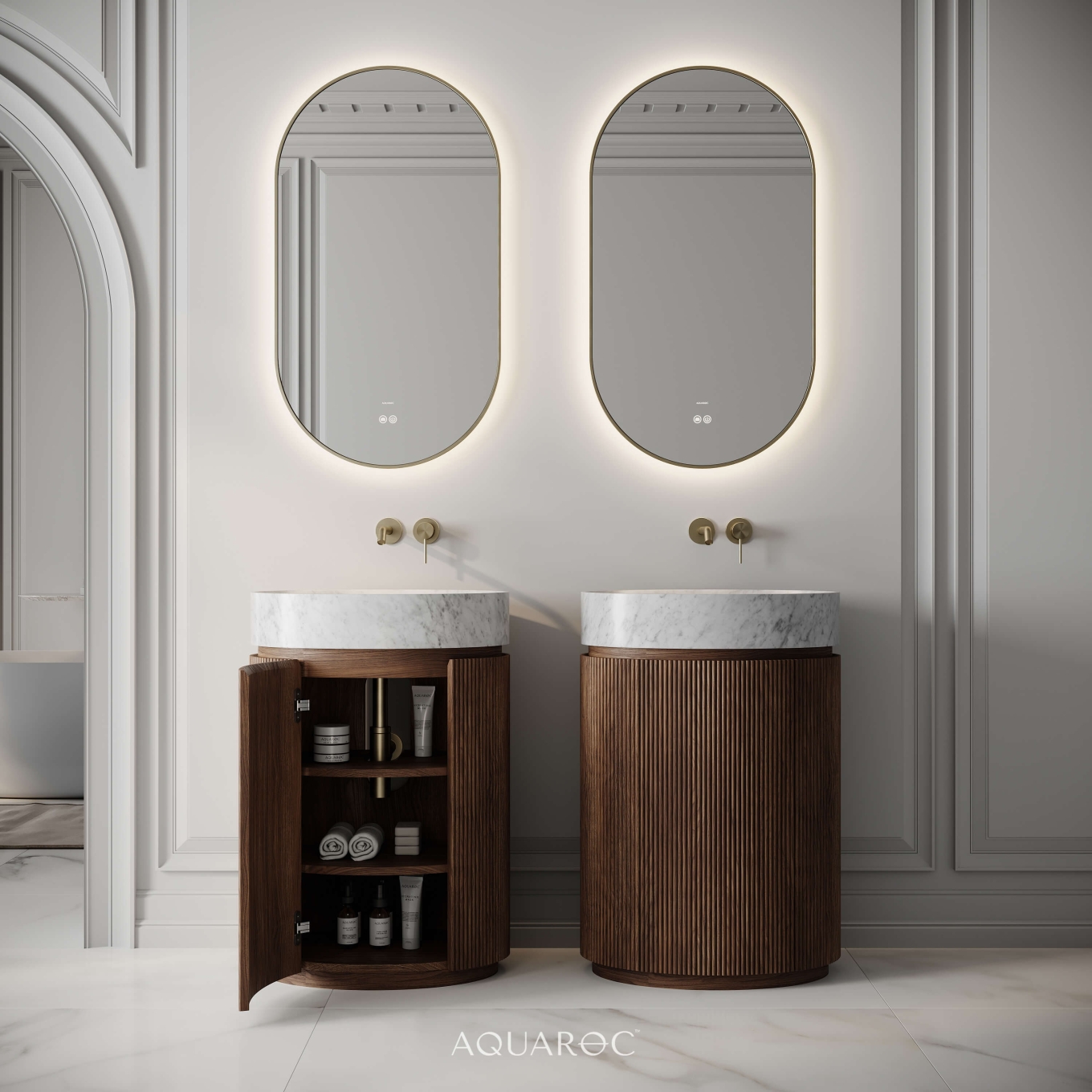 Rotunda Fluted Vanity Unit & Carrara Marble Basin 600mm Walnut | Aquaroc