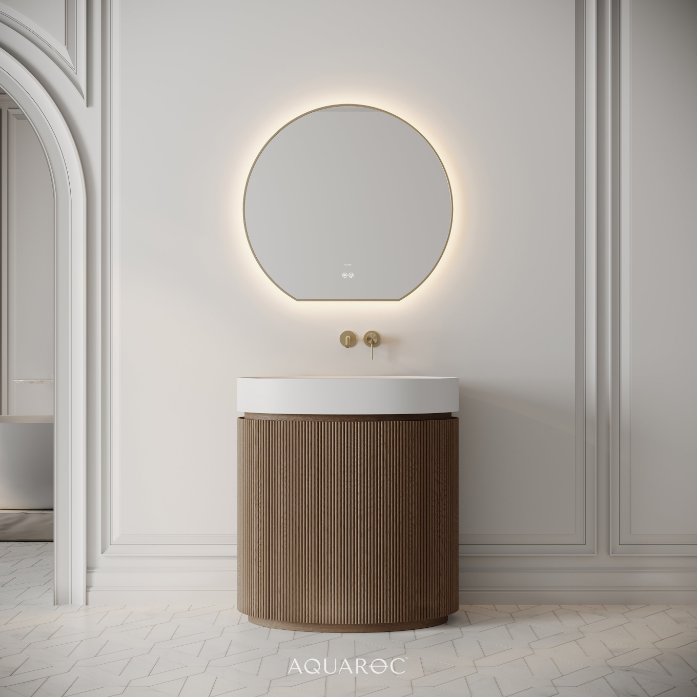 Rotunda Fluted Vanity Unit & Stone Basin 800mm Smoked Oak | Aquaroc