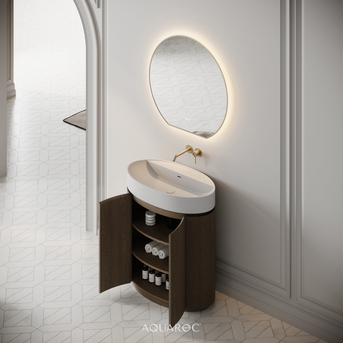 Rotunda Fluted Vanity Unit & Stone Basin 800mm Smoked Oak | Aquaroc