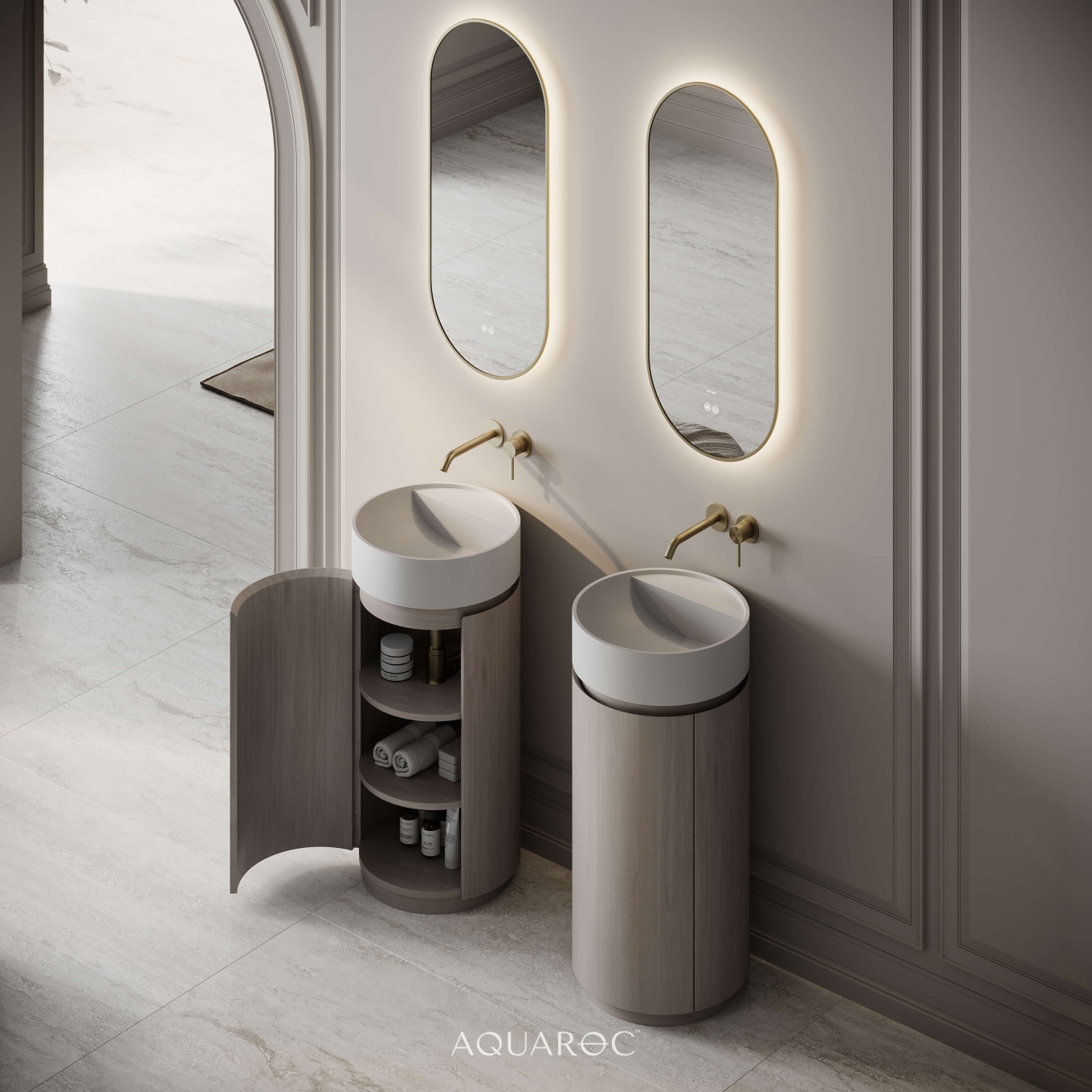 Rotunda Beige Oak Vanity Unit & Stone Basin 420mm | Aquaroc Bathrooms