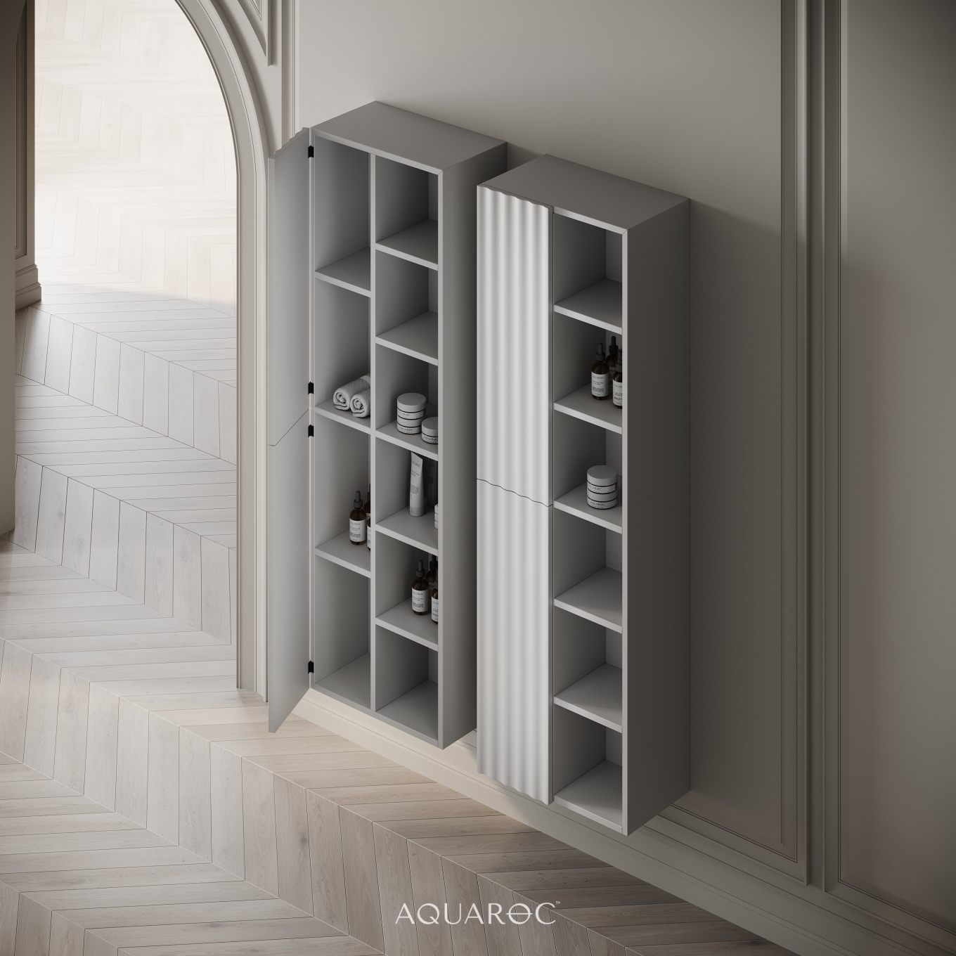 Wall Hung Fluted Bathroom Storage Unit 500mm Warm Grey From Aquaroc