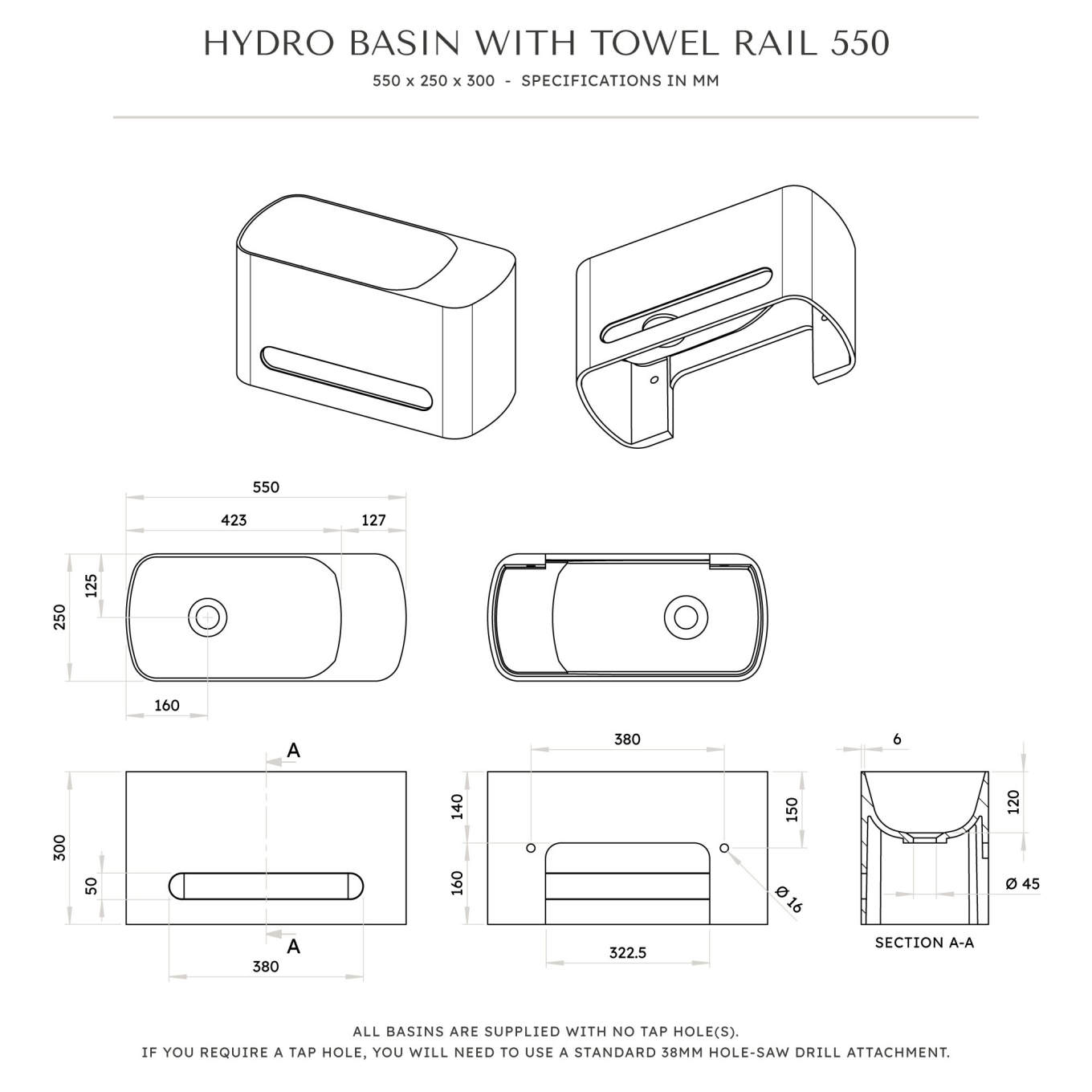 Hydro Wall Hung Stone Basin 550mm Towel Hole | Aquaroc