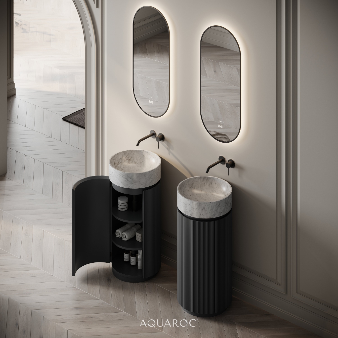 Rotunda Fluted Vanity Unit & Carrara Marble Basin 420mm Matte Grey ...