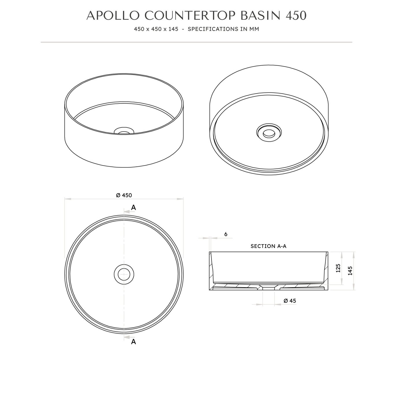 Apollo Round Countertop Stone Basin 450mm | Aquaroc